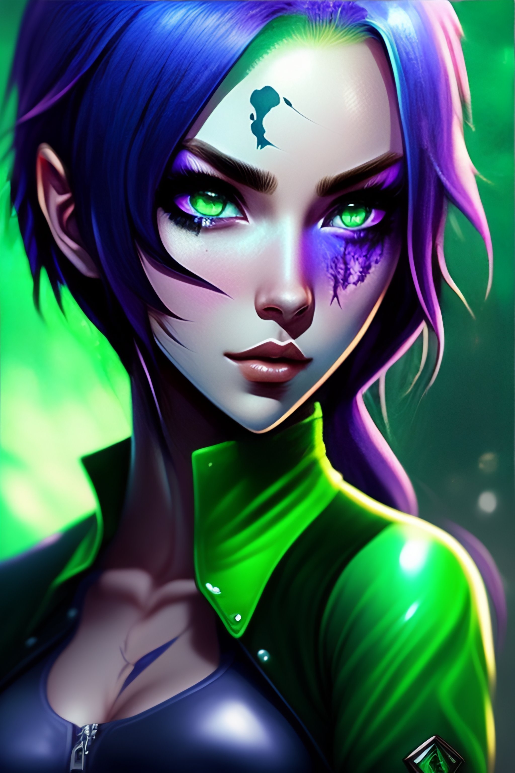 Lexica - Green skin, blue shirt, black eyes, purple pants, girl, anime ...