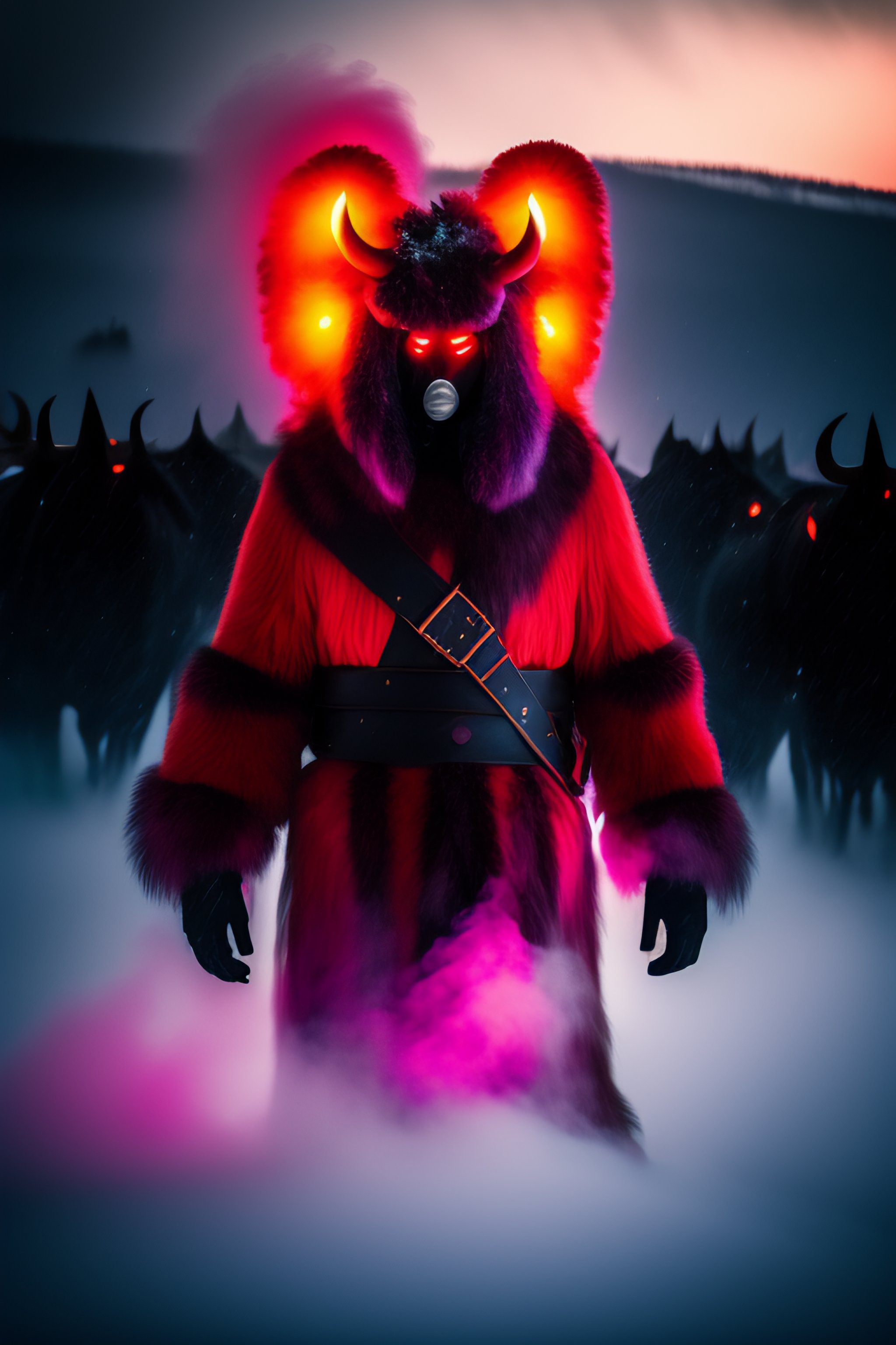 Lexica - Extreme wide angle long shot of a scary horned mysterious man ...