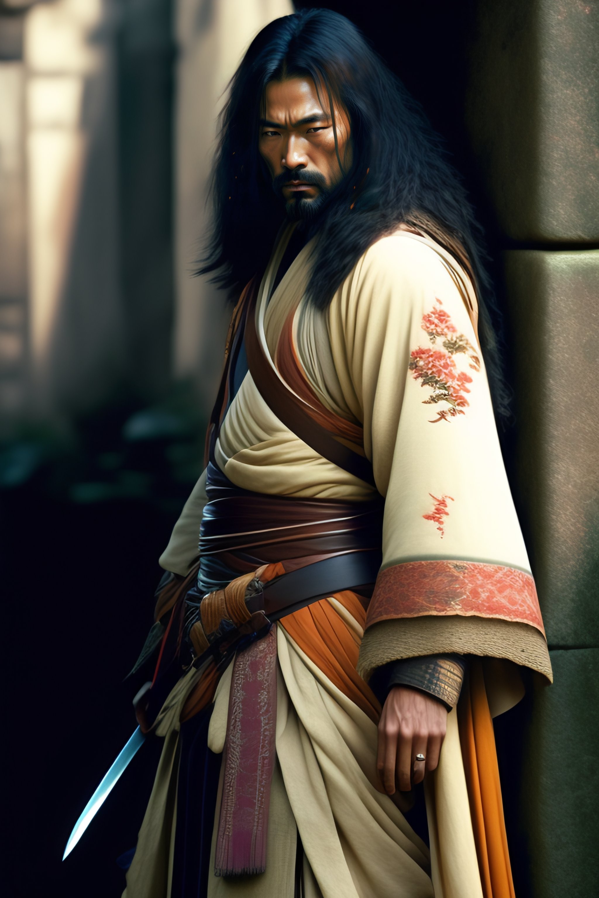 Lexica - One-armed ronin, shabby clothes, thick long hair, dangling ...