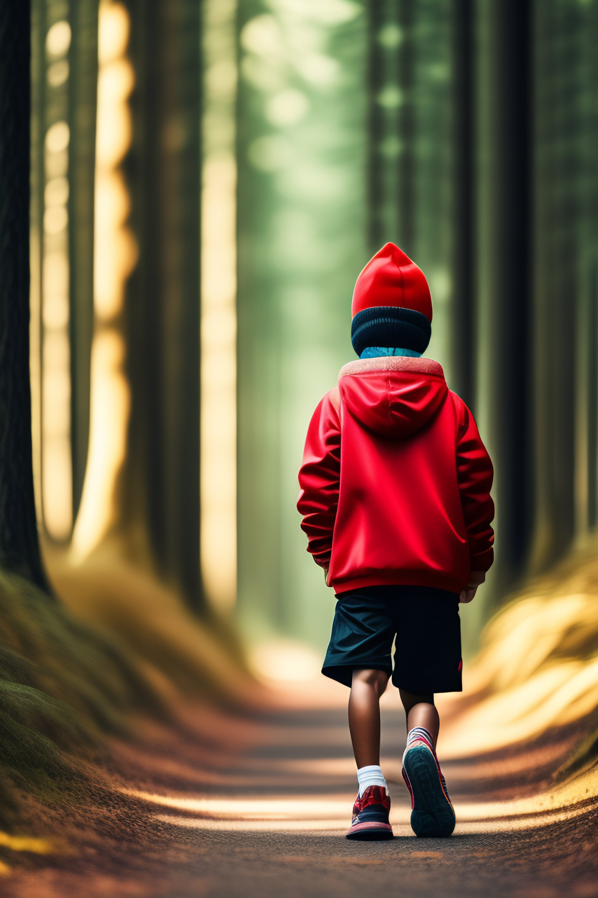 Lexica - One leg, black boy, red cap, forest, realistic