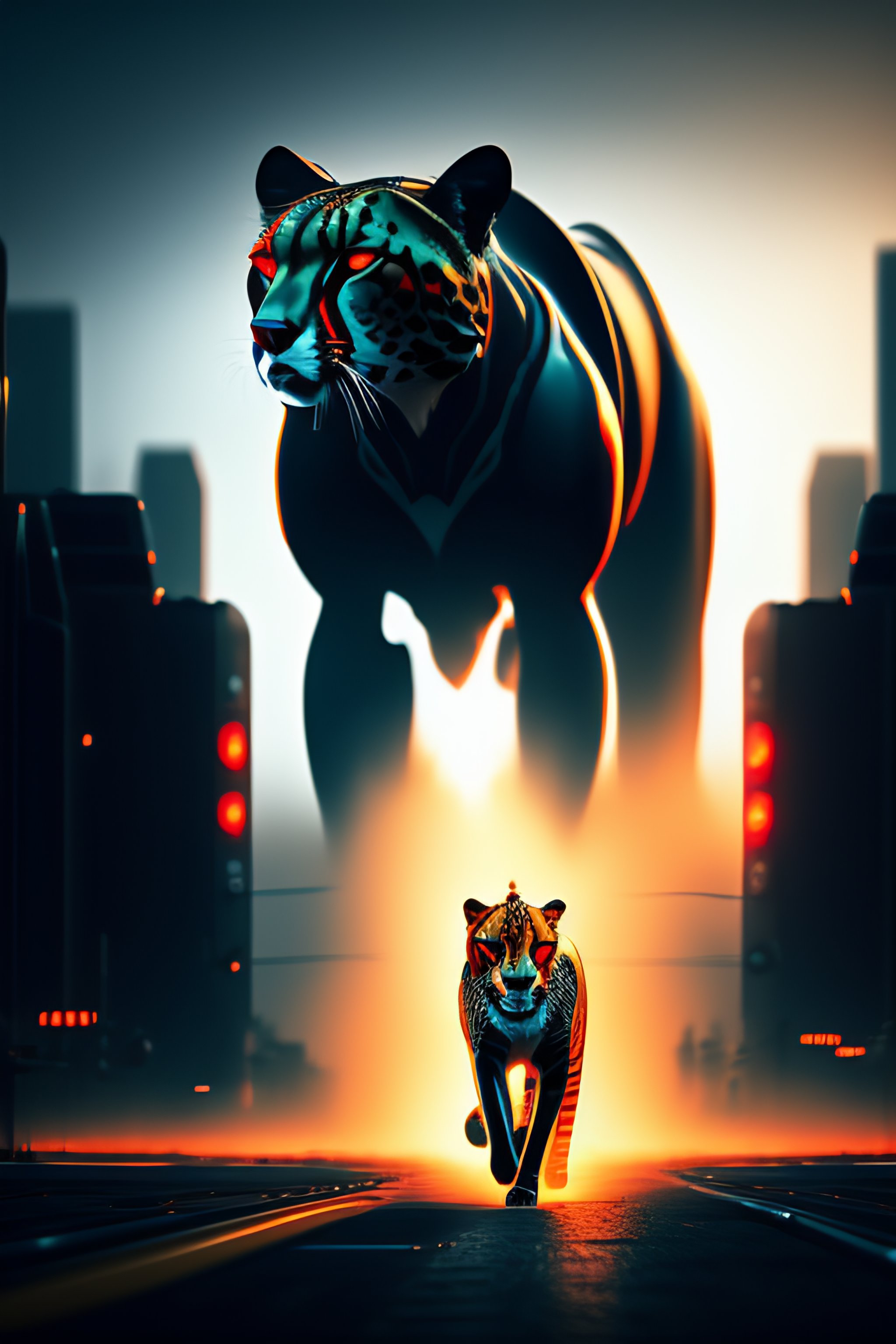 Lexica - Mecha cheetah running the city, cyber punk, destroyed city ...