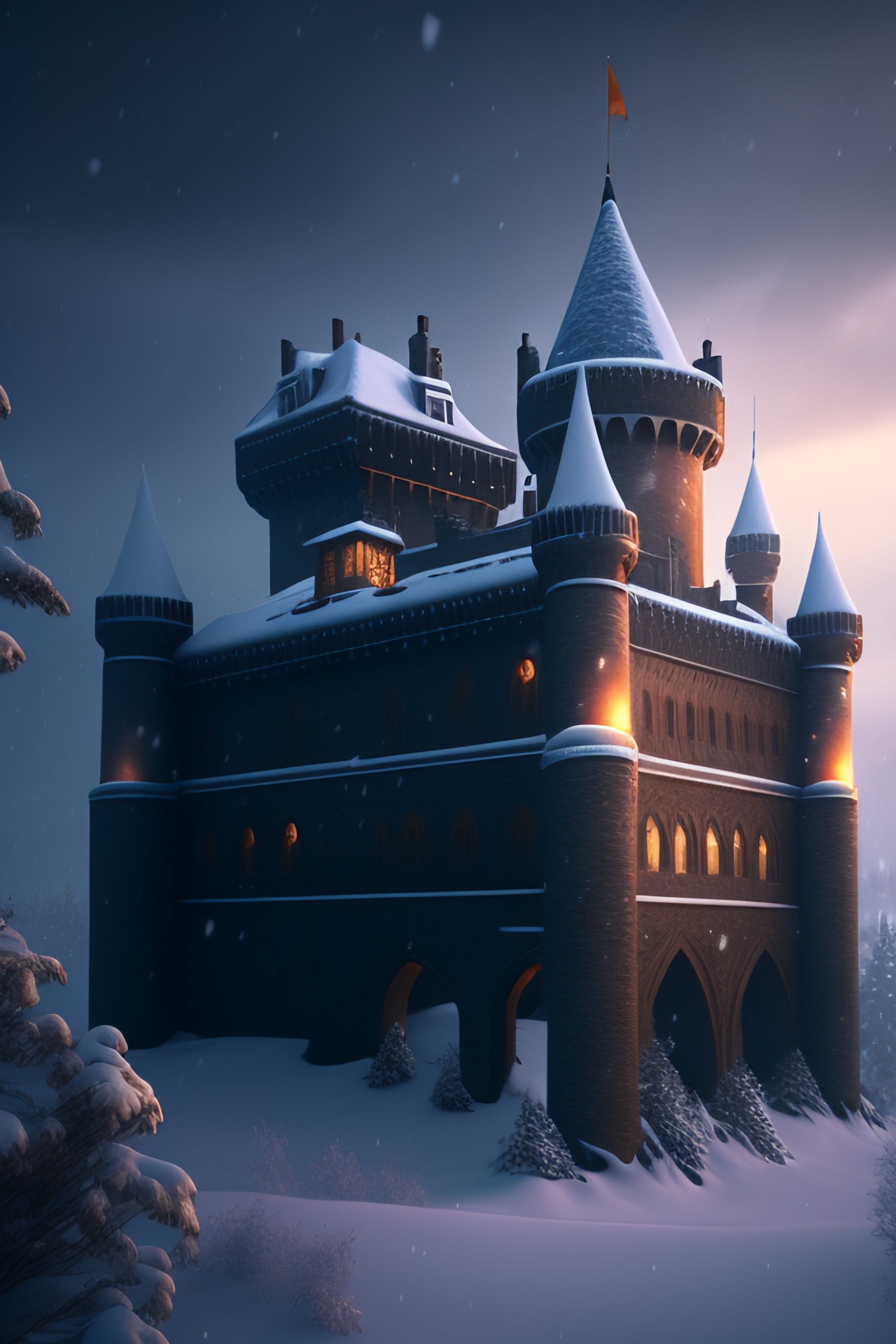 Lexica - Magnificent castle besides the sea in the snowstorm at dark ...