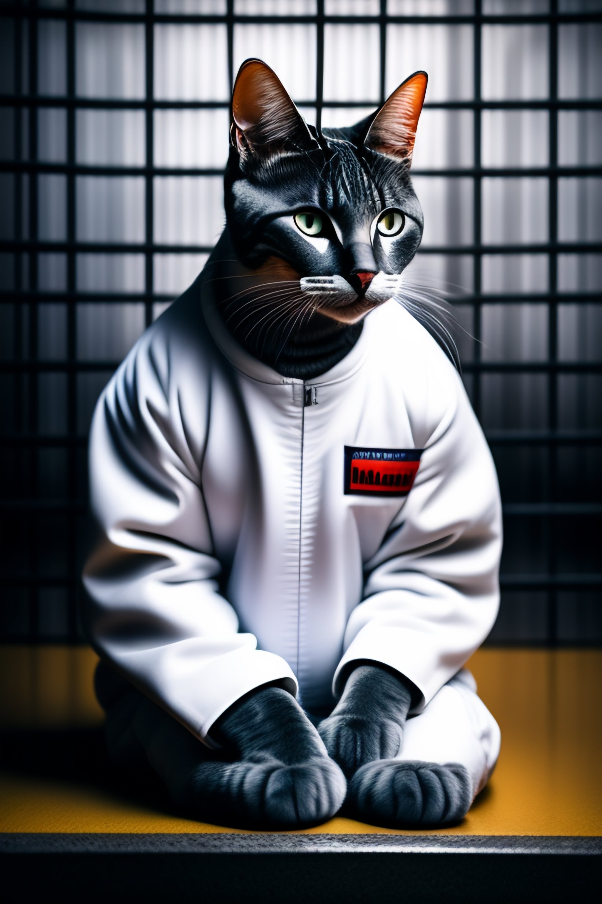 Lexica - A humanoid grey cat wearing inmate white jumpsuit outfit in ...