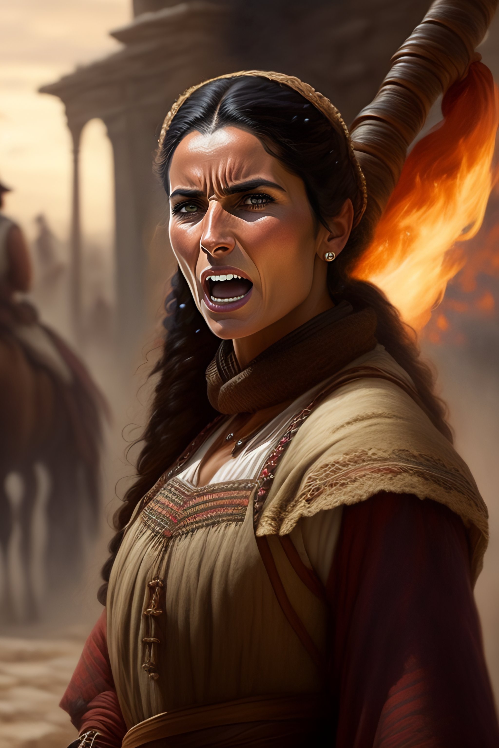 Lexica - Portrait of a spanish peasant woman shouting, hair up, wearing ...