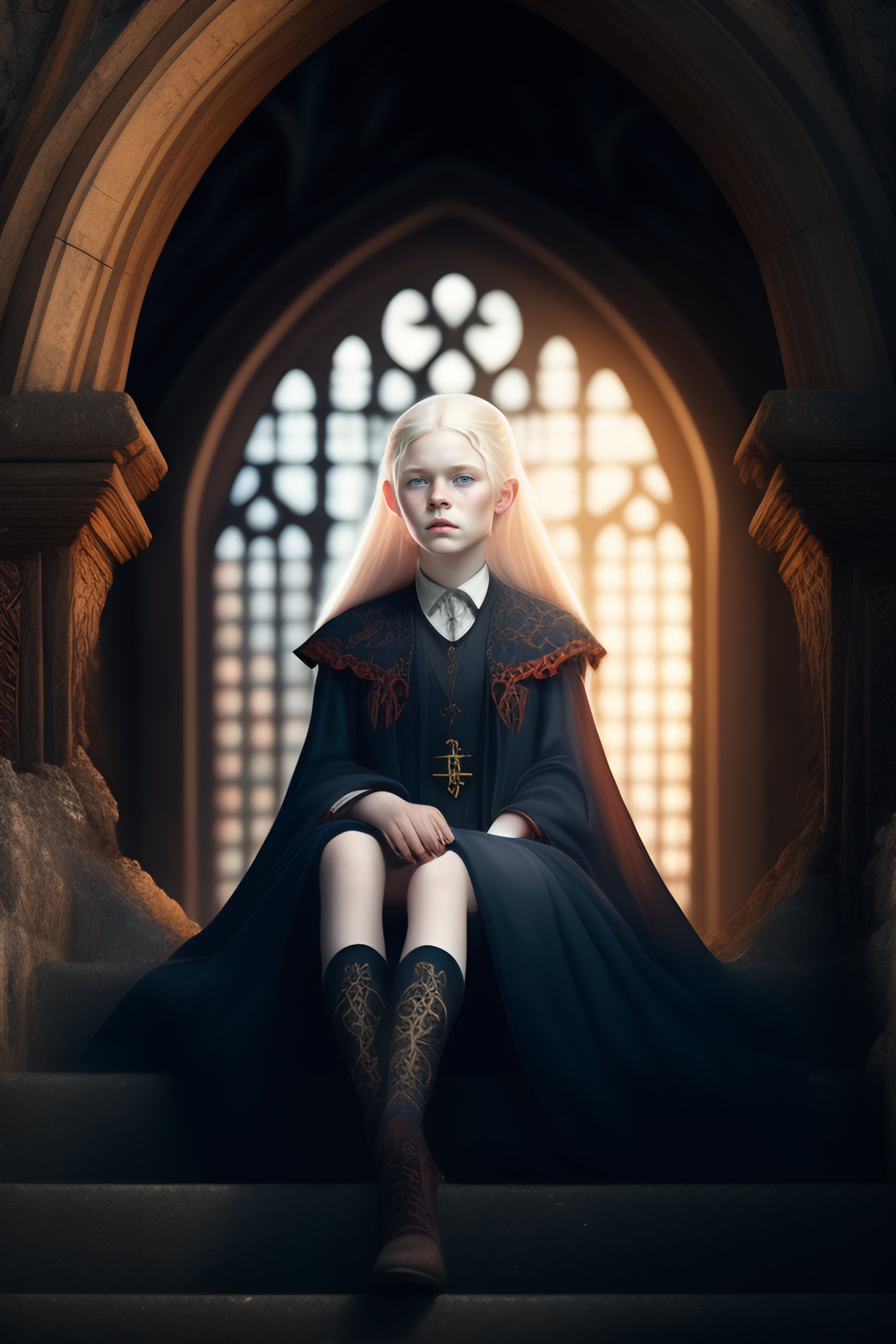 Lexica - 12 years old sad looking albino vampire female sitting on the ...