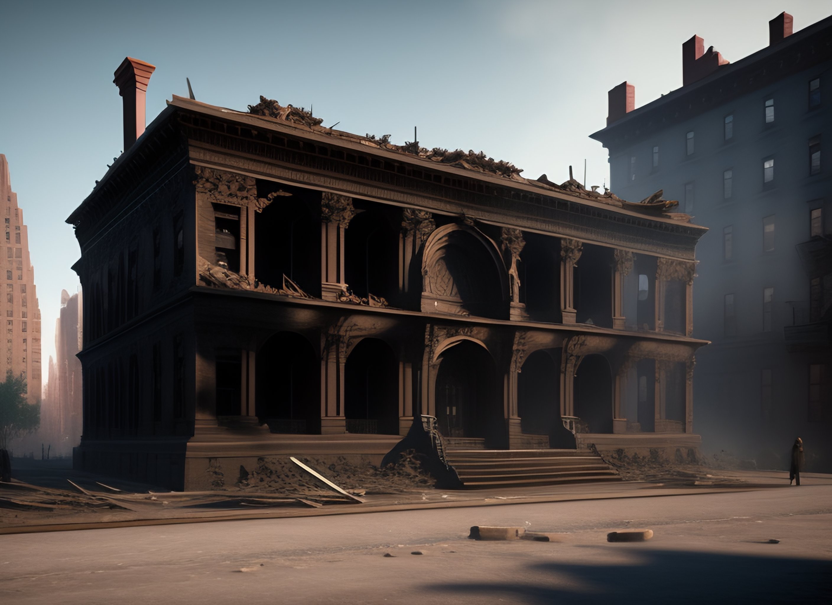 Lexica - Burnt down hall building in 1920th New York. 4K, realistic ...