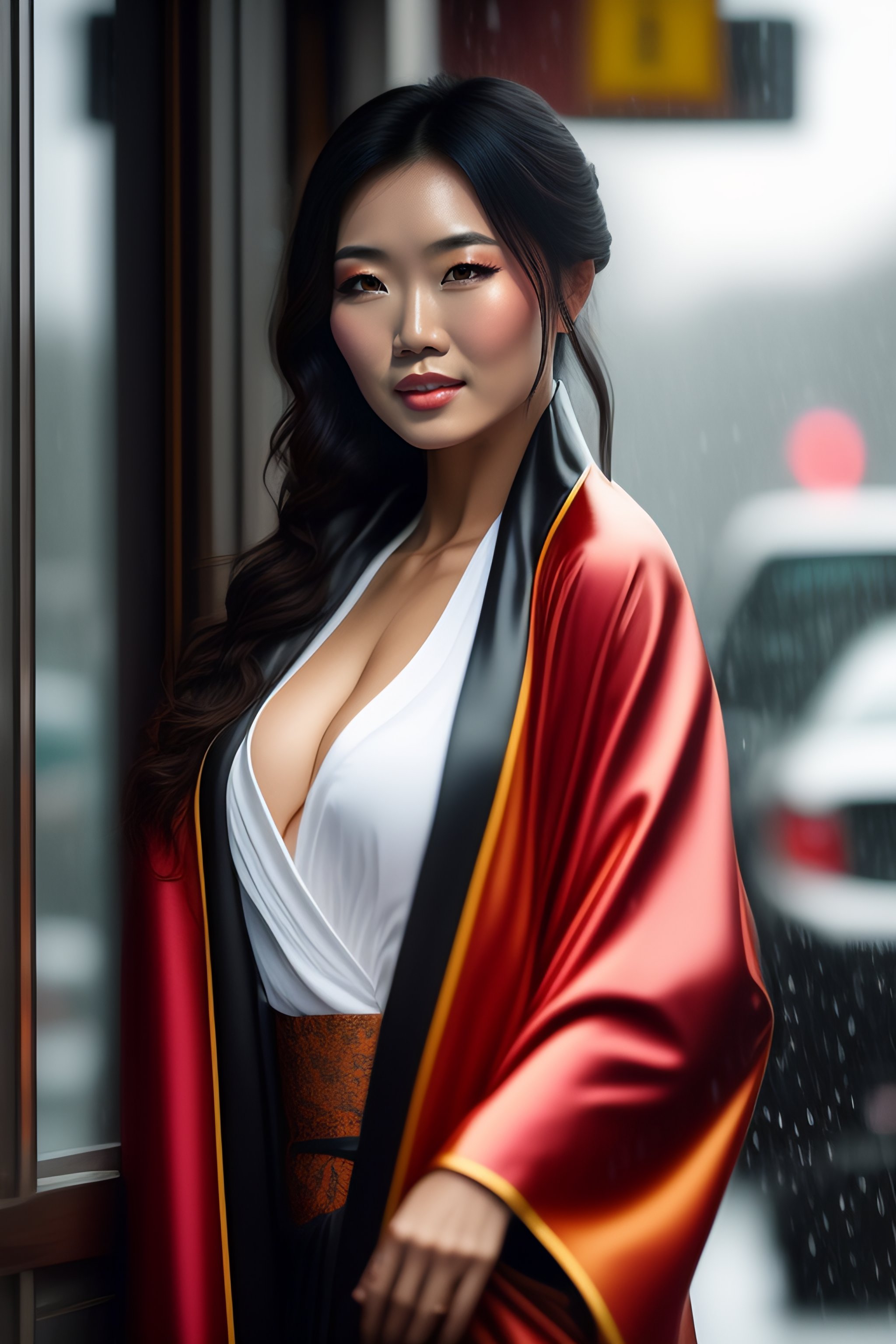 Lexica - Shapely Asian woman wearing wet kimono, stormy day