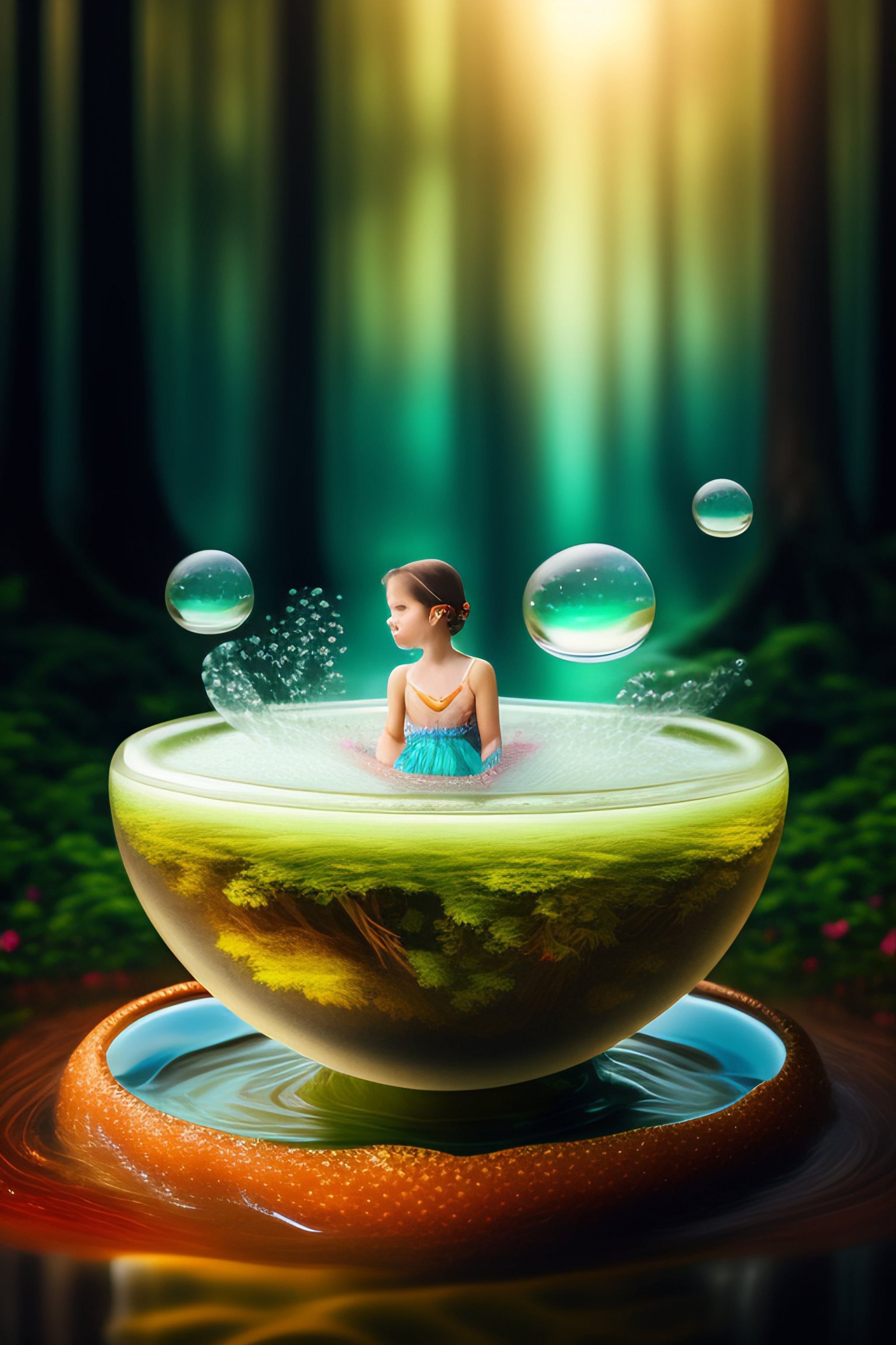 Lexica - A fairy bathing in a teacup that is floating down a bubbling ...