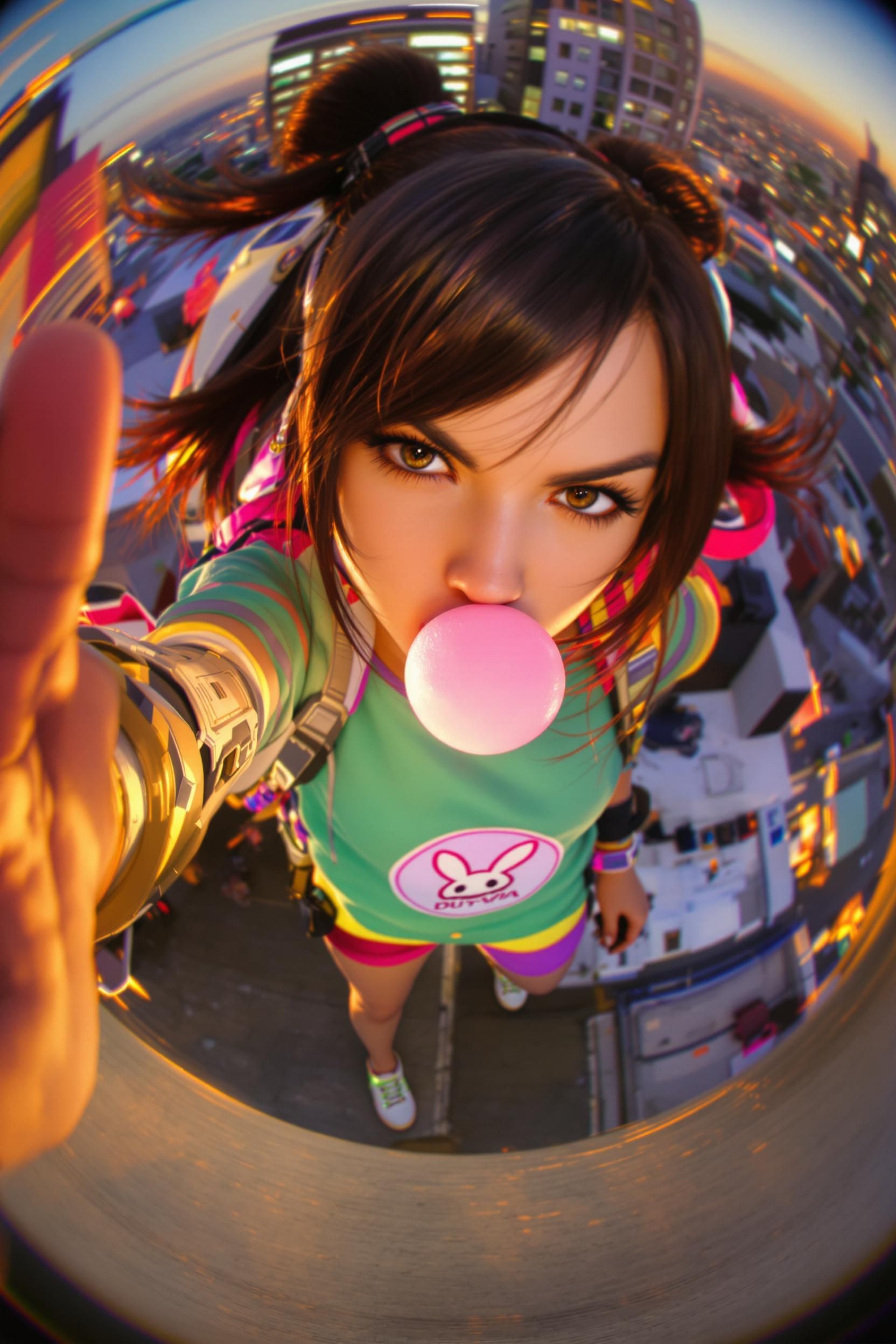 Lexica - Fisheye lens. Dva from overwatch. She`s blowing bubble gum ...