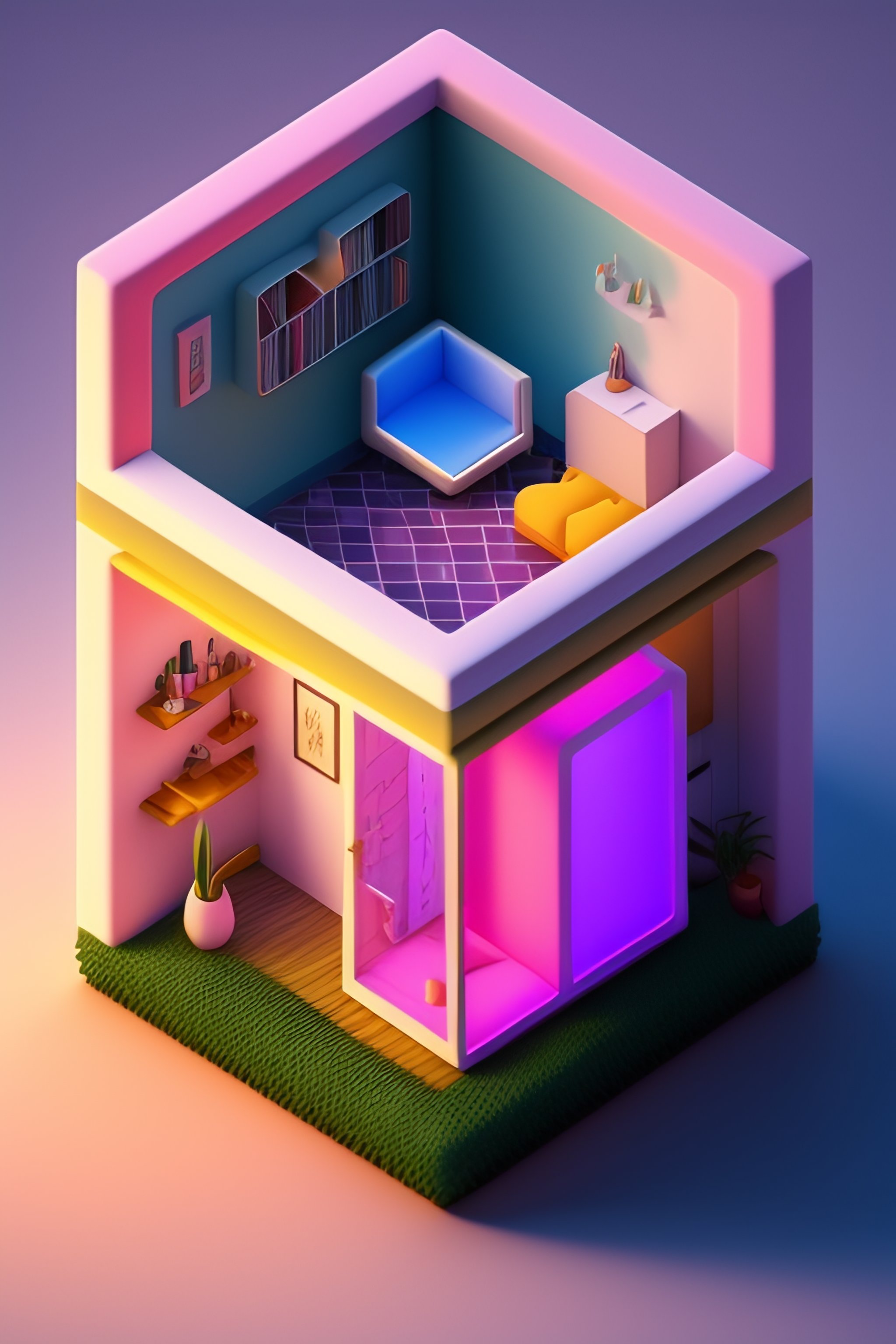 Lexica - Cube cutout of an isometric living room, 3d art, pastel colors ...