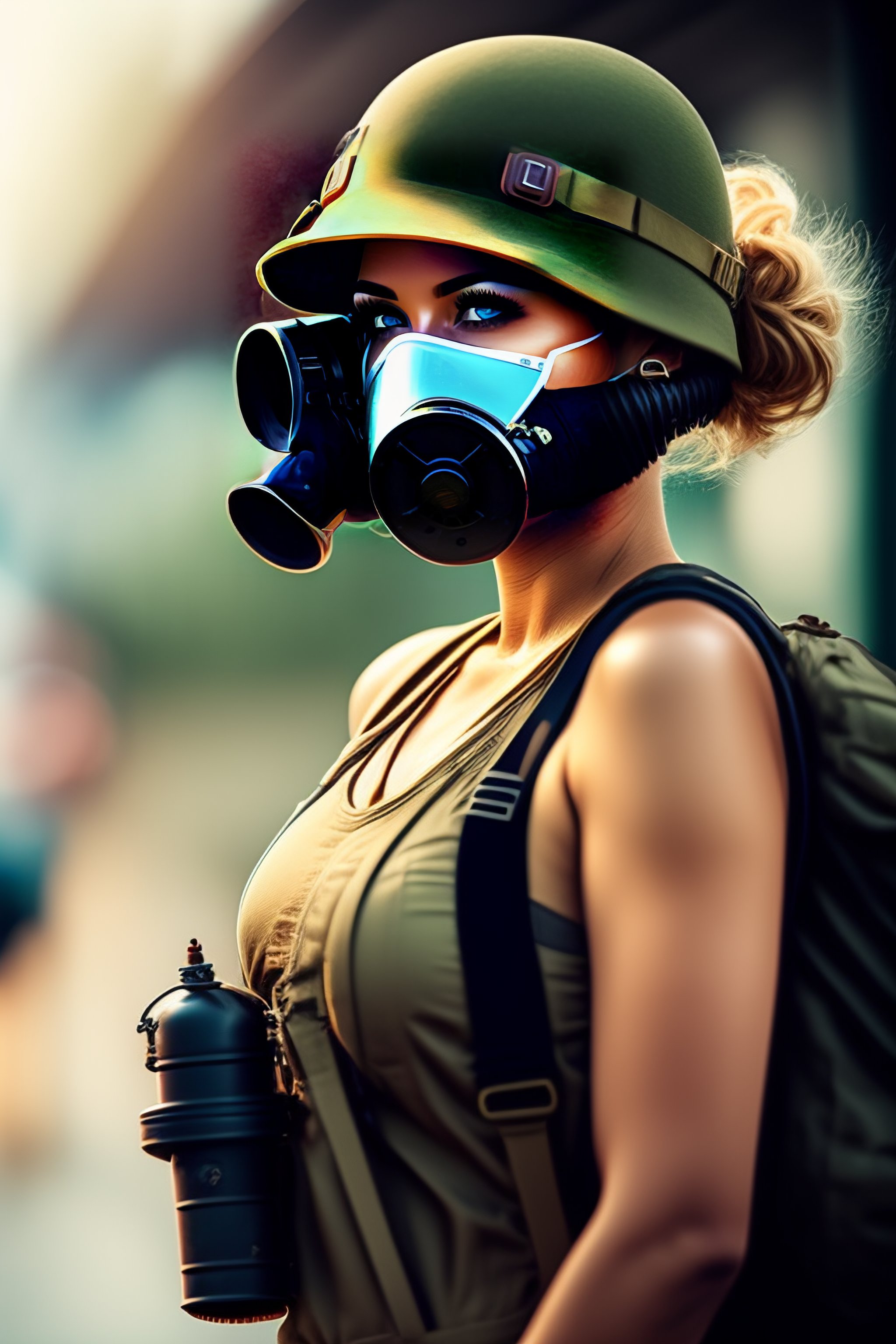 Lexica - Woman, short hair, blonde, cap, gas mask