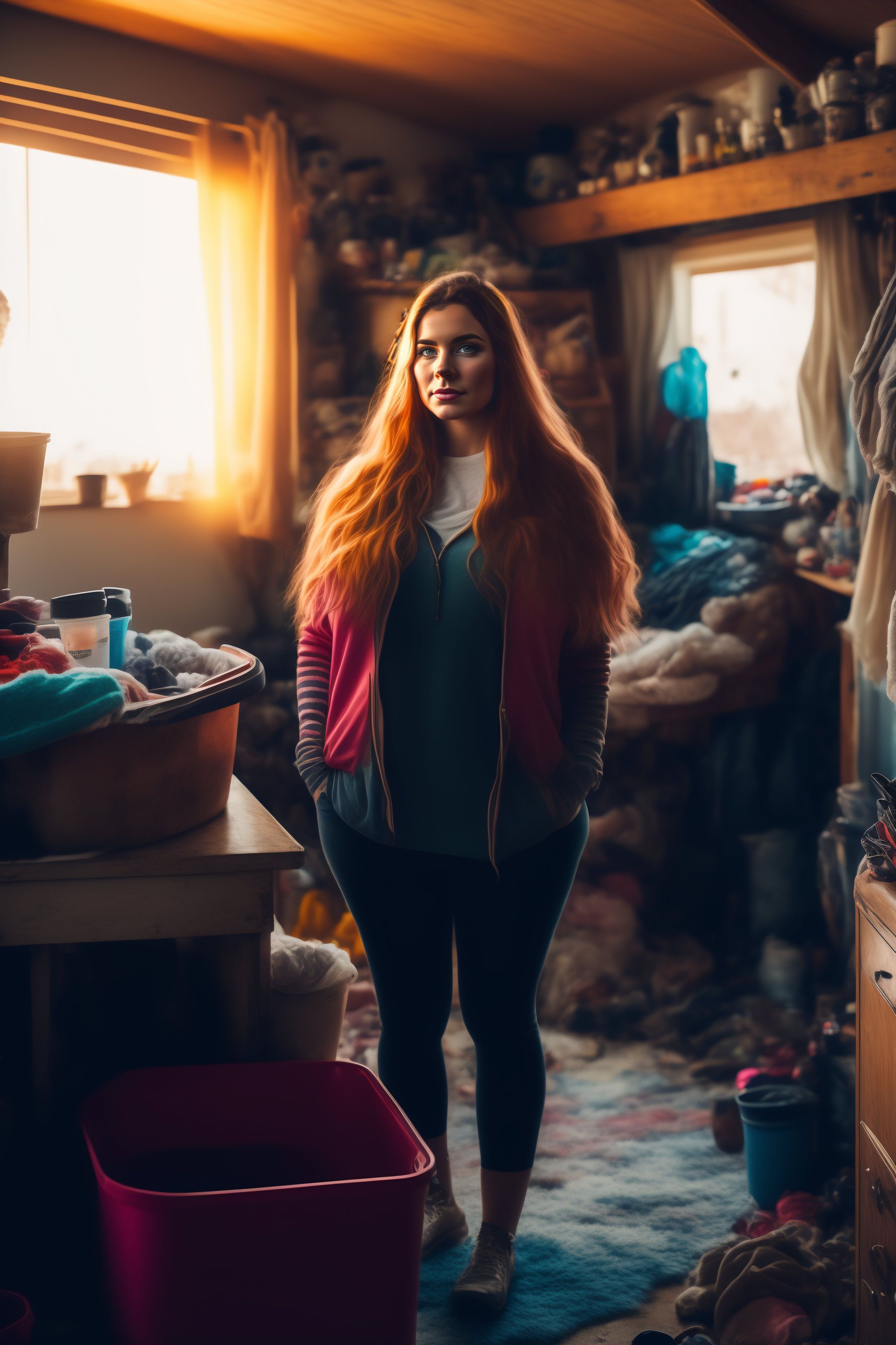 Lexica - Wide angle 23 year old woman in messy cluttered house, chaotic ...