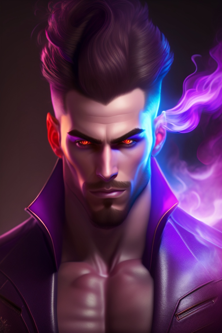 Lexica - Handsome demon man, flames, purple smoke, vicious look, slight ...