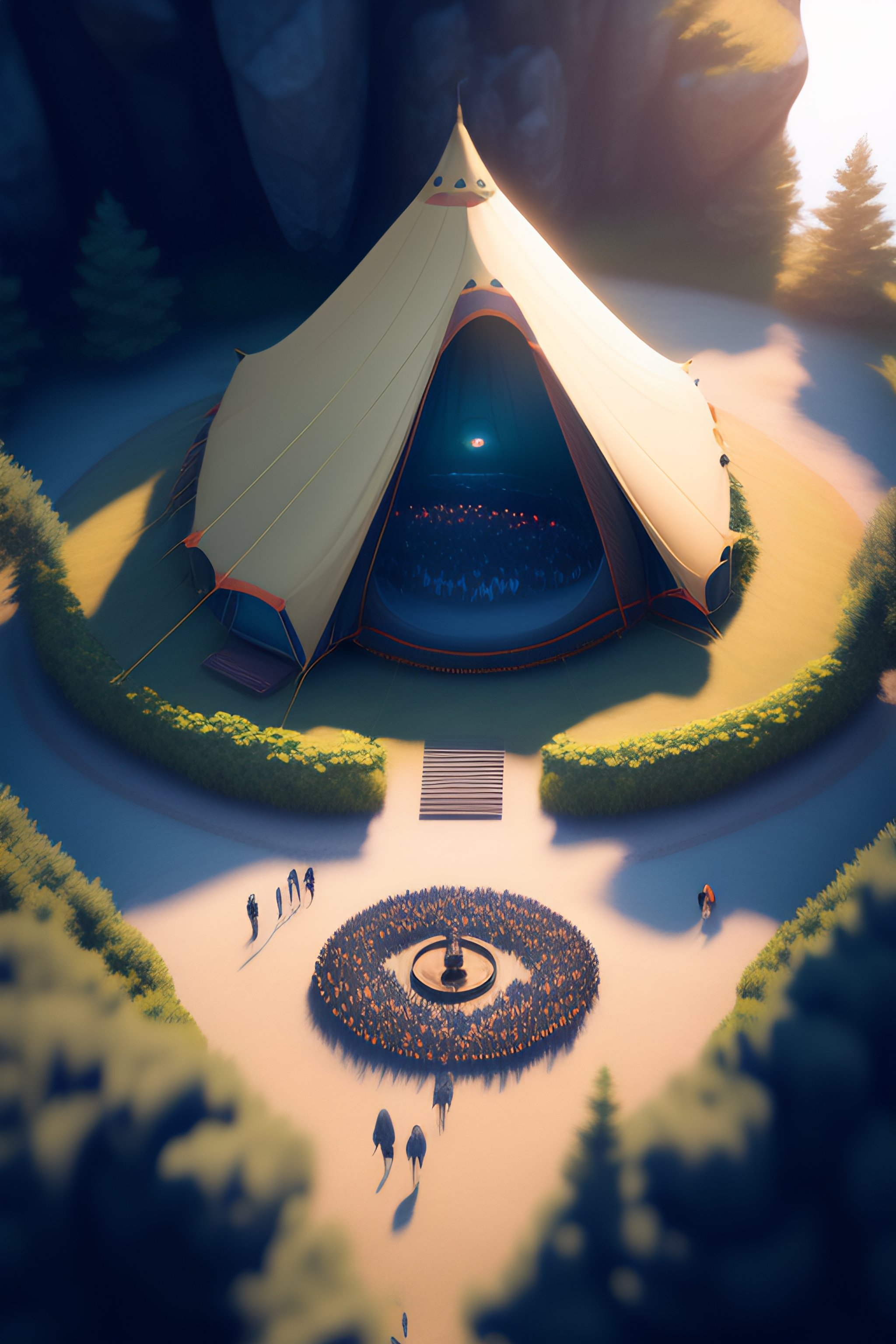 Lexica - A camping sight with a tent, camping gears, campfire with a ...