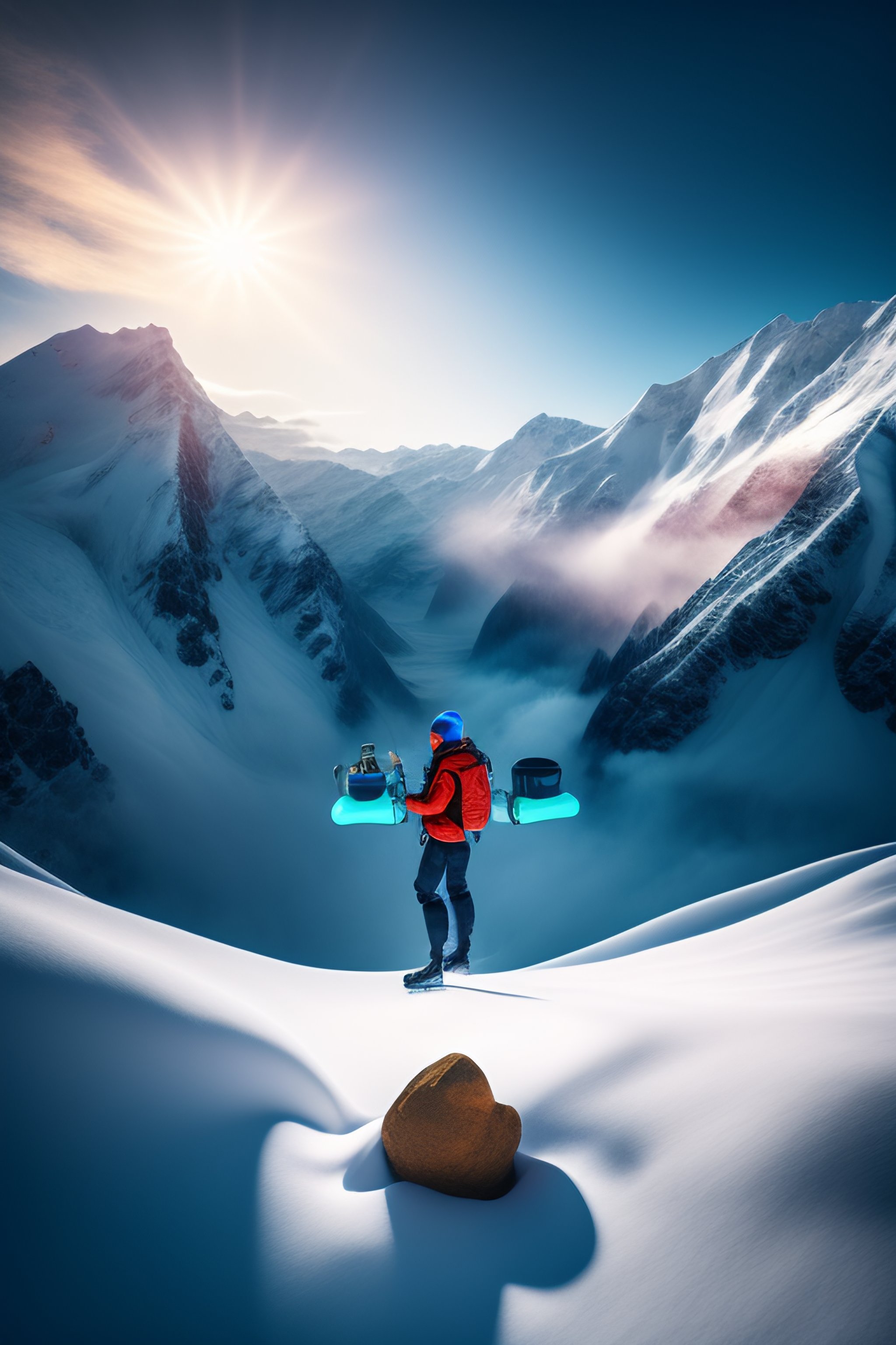 Lexica - Human avatar flying above mountains in snow with a cup of ...