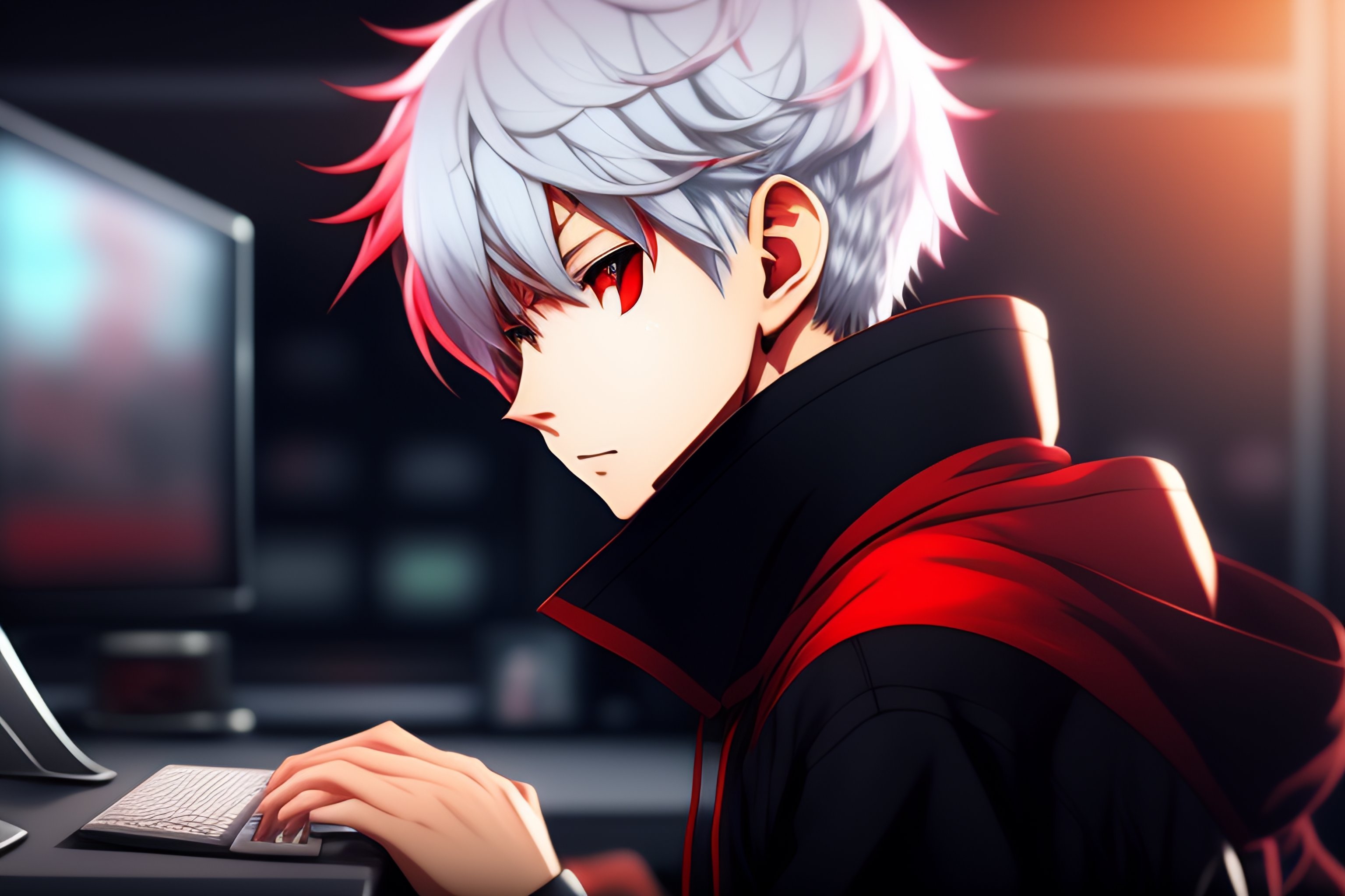 Lexica - Anime boy, white hair, black eyes, black and red clothes ...