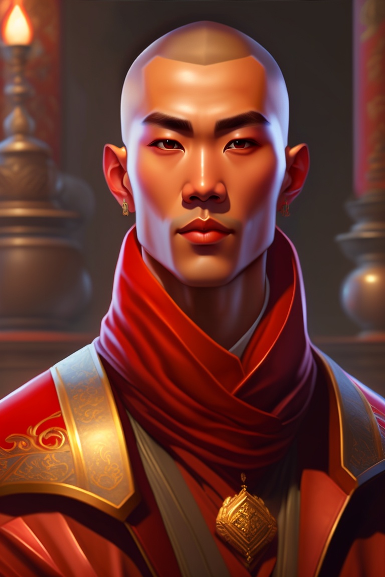 Lexica - Front potrait,a shaolin monk, shaved head, punk, red leather ...