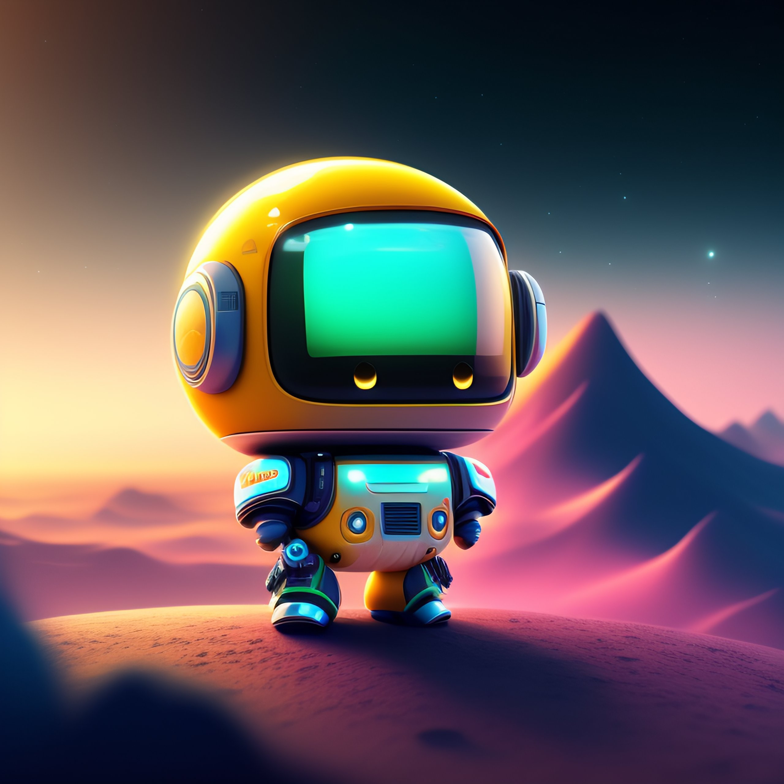 Lexica - A small hyper-cute chibi robot, working on his laptop computer ...