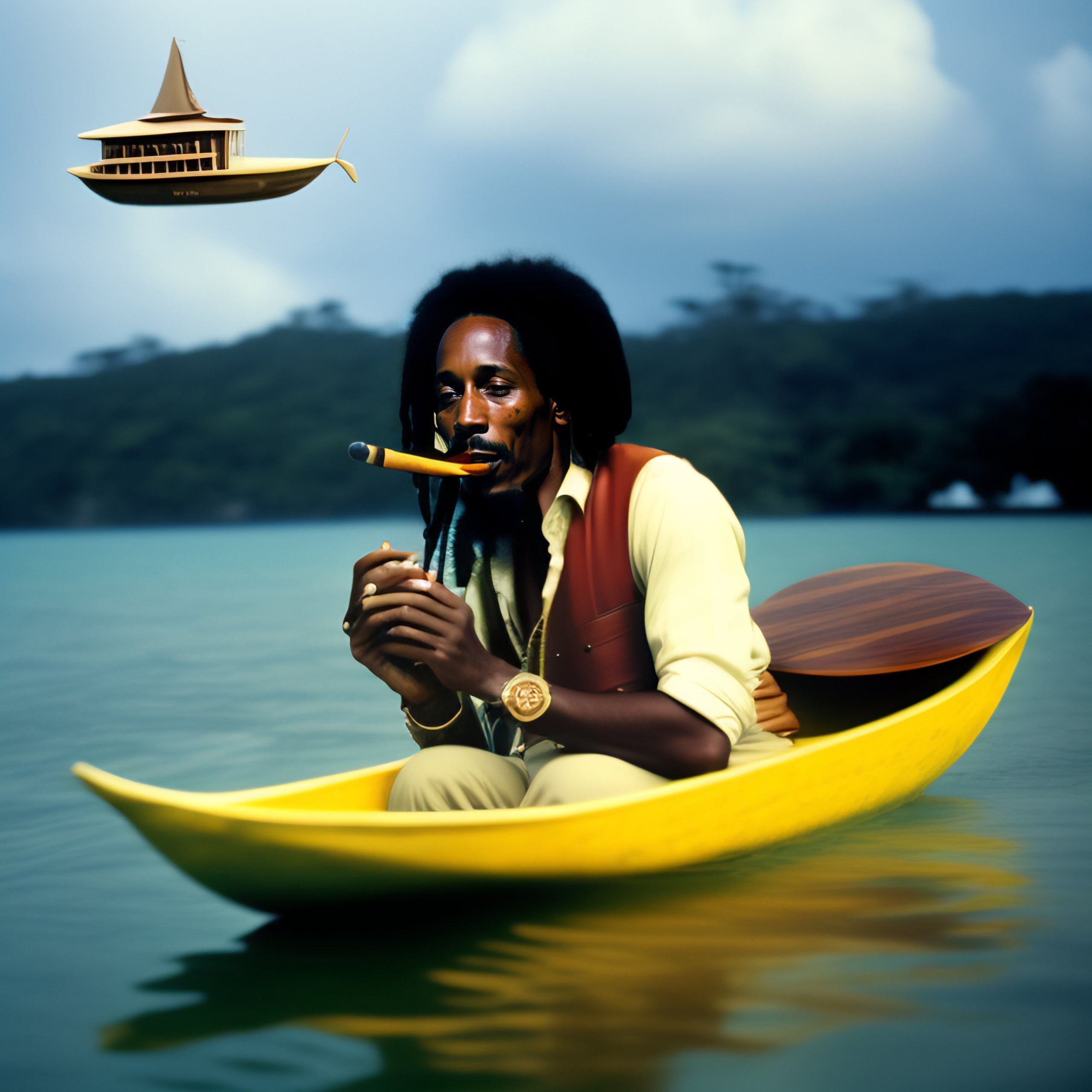 Lexica - Bob marley smoking a joint while sailing on a paper boat, over ...