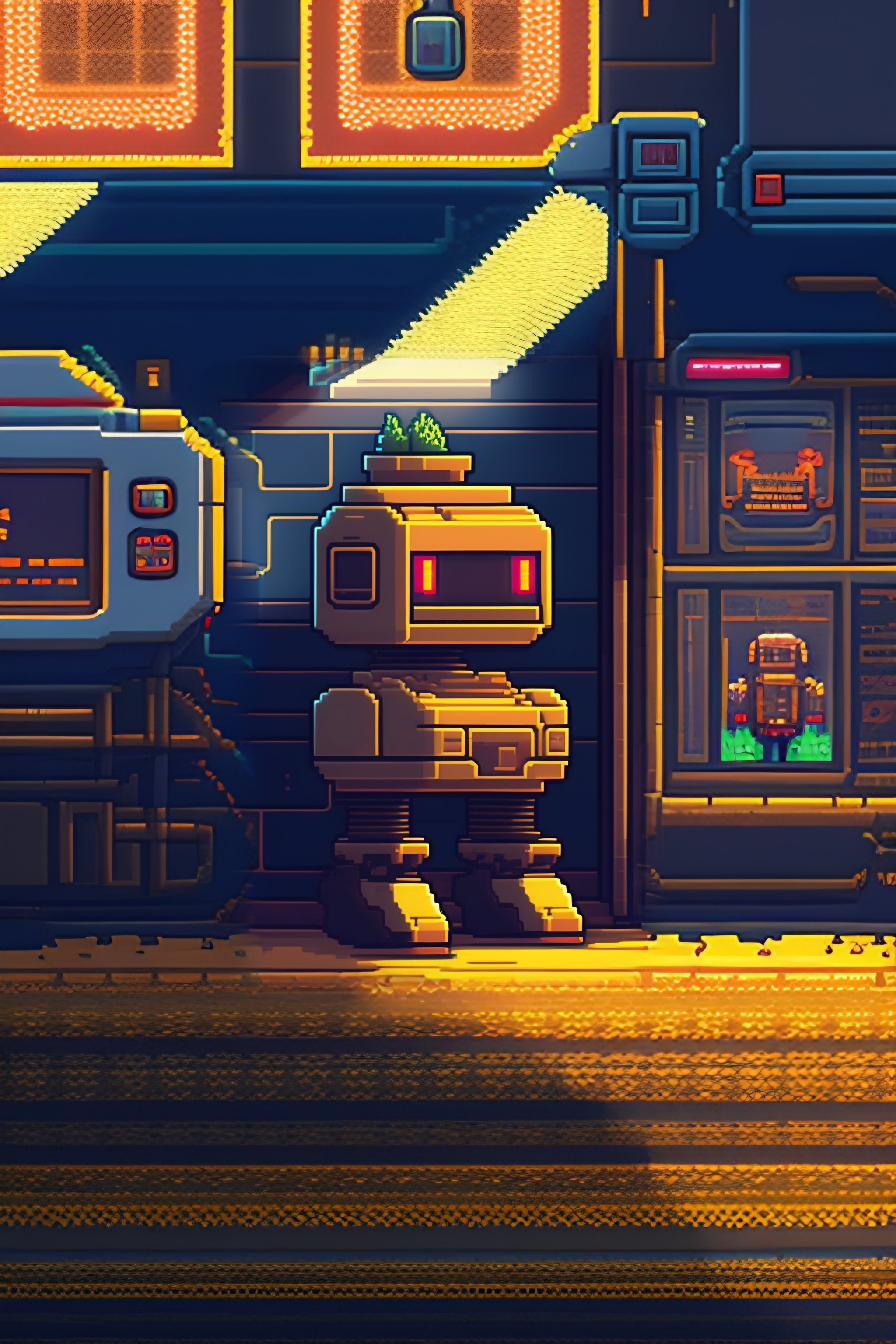 Lexica - 8-bit pixel art of robot, facing directly forward, cozy indoor ...