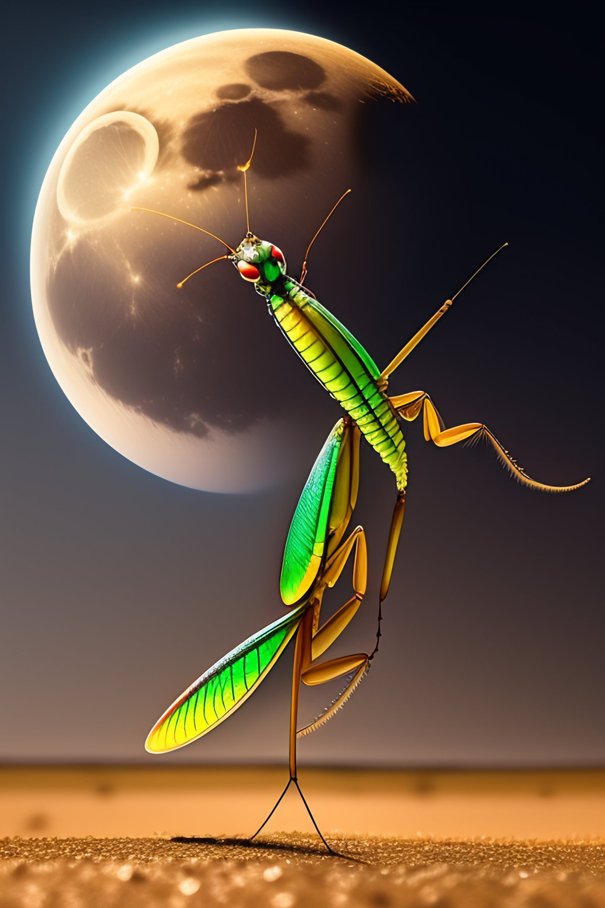 Lexica - An praying mantis in battle stance, in front of a double moon.