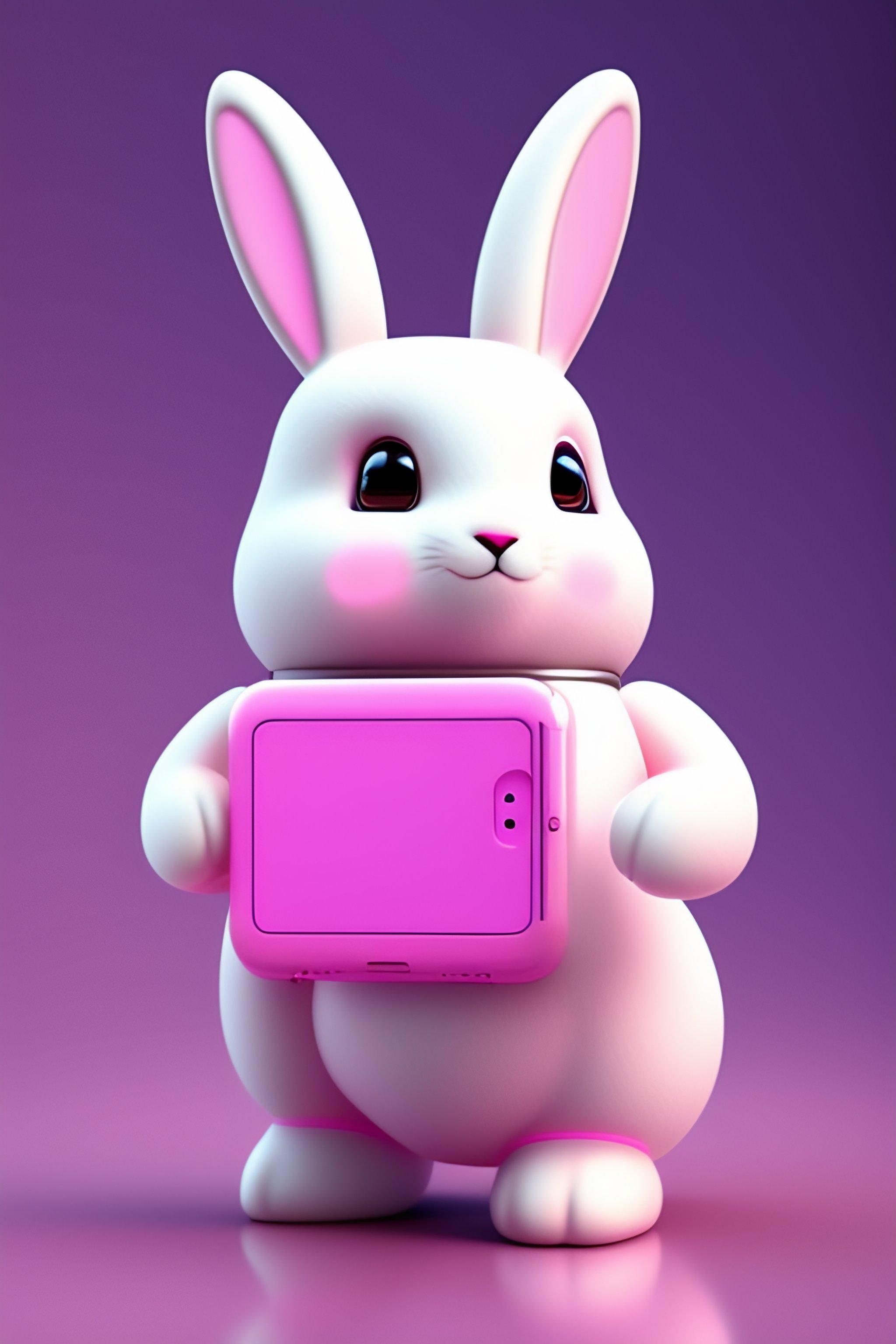 Lexica - Soft Pink Bunny robot working on a smartphone
