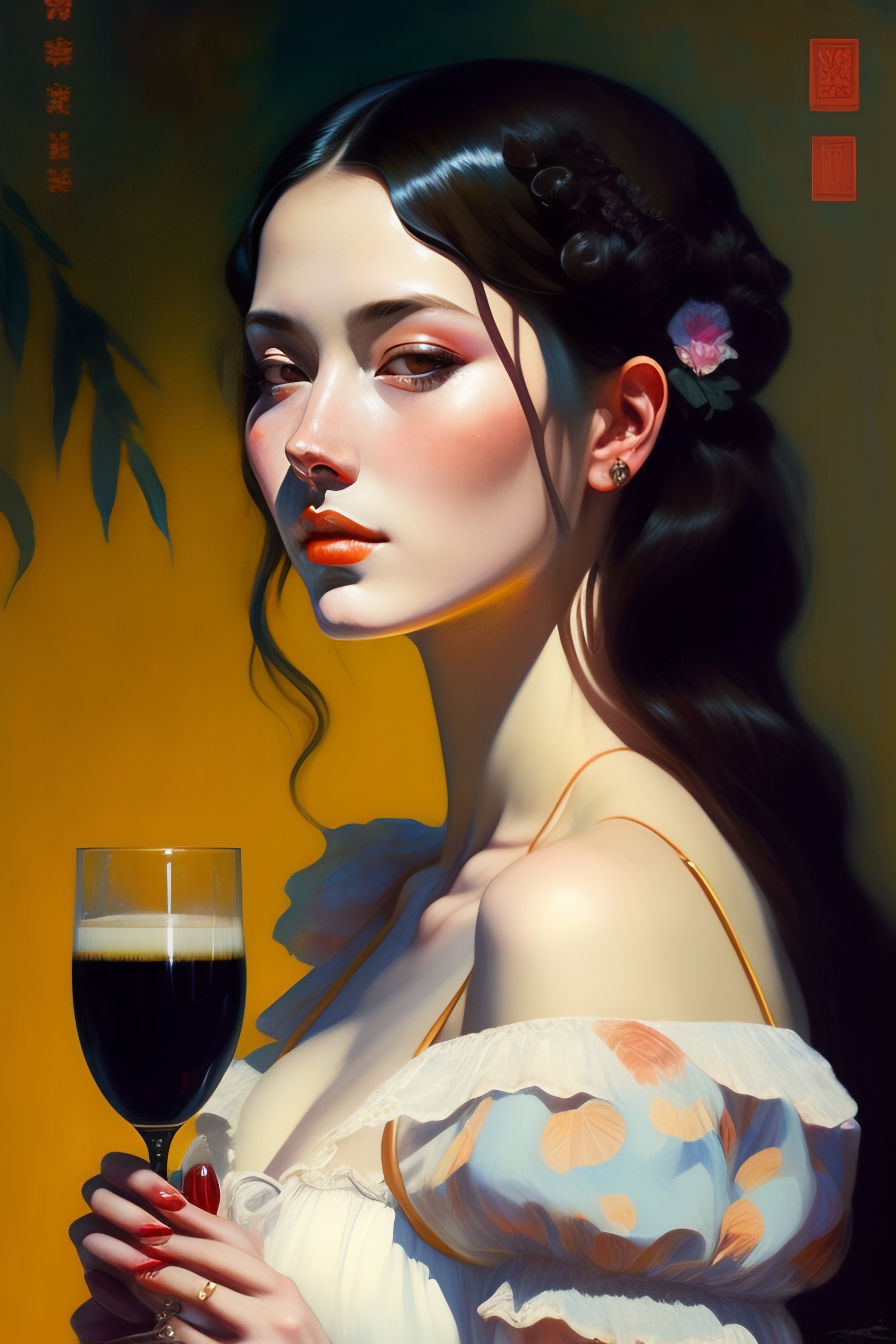 Lexica - Portrait of a brunette barmaid, in the style of adrian ghenie ...
