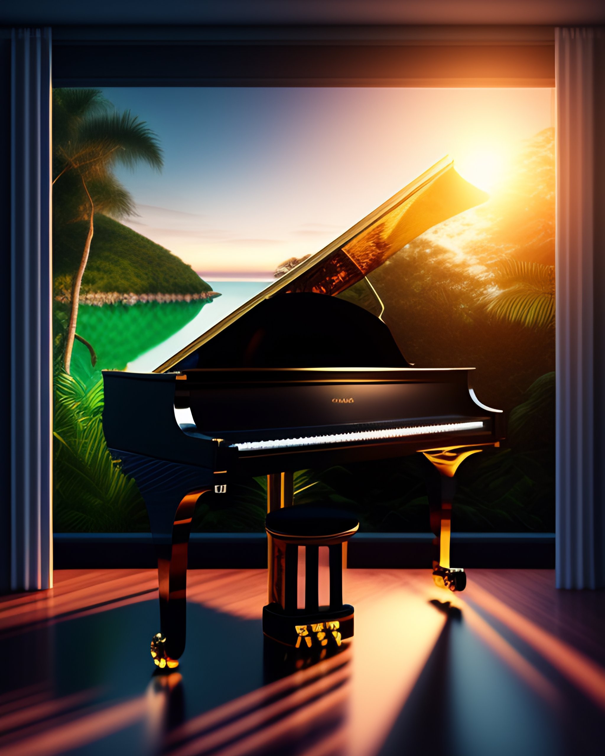 Lexica - Playing piano, shining ocean reflections, in the jungle ...