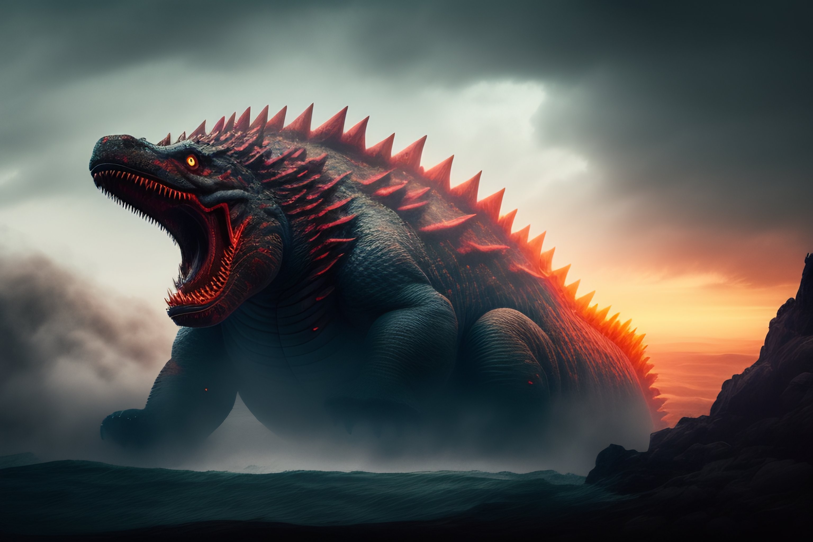 Lexica - An image of a bloody monster which looks like Godzilla lying dead