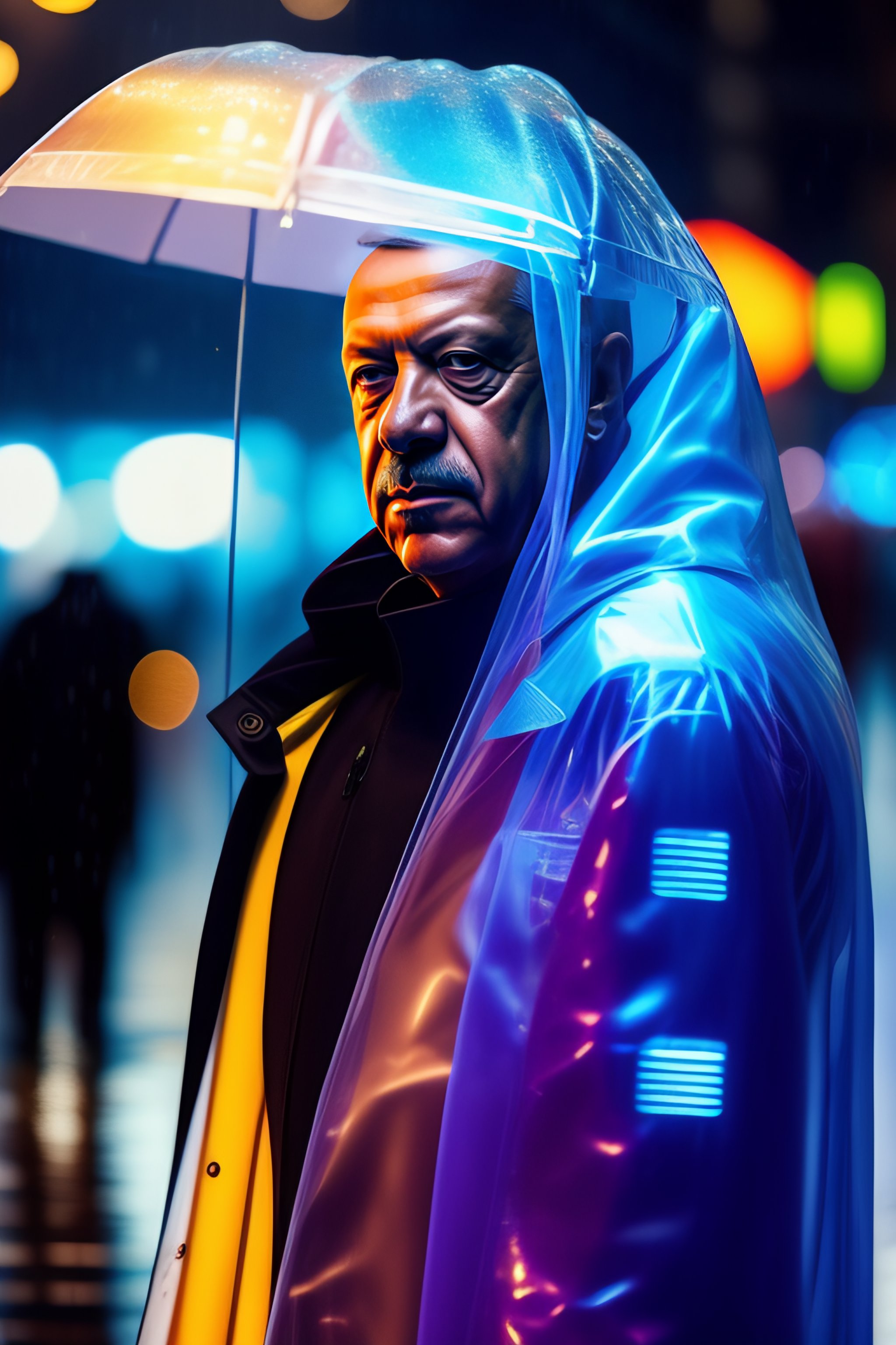 Lexica - Recep Tayyip Erdogan wearing transparent raincoat, cyborg ...