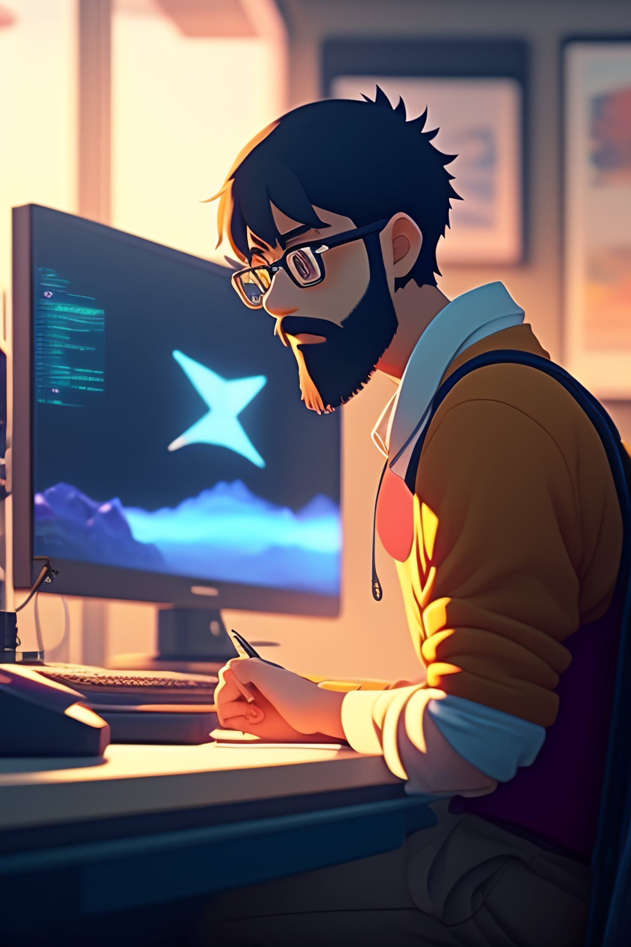 Lexica - A nerdy boy with beard is programming at a computer in a room ...