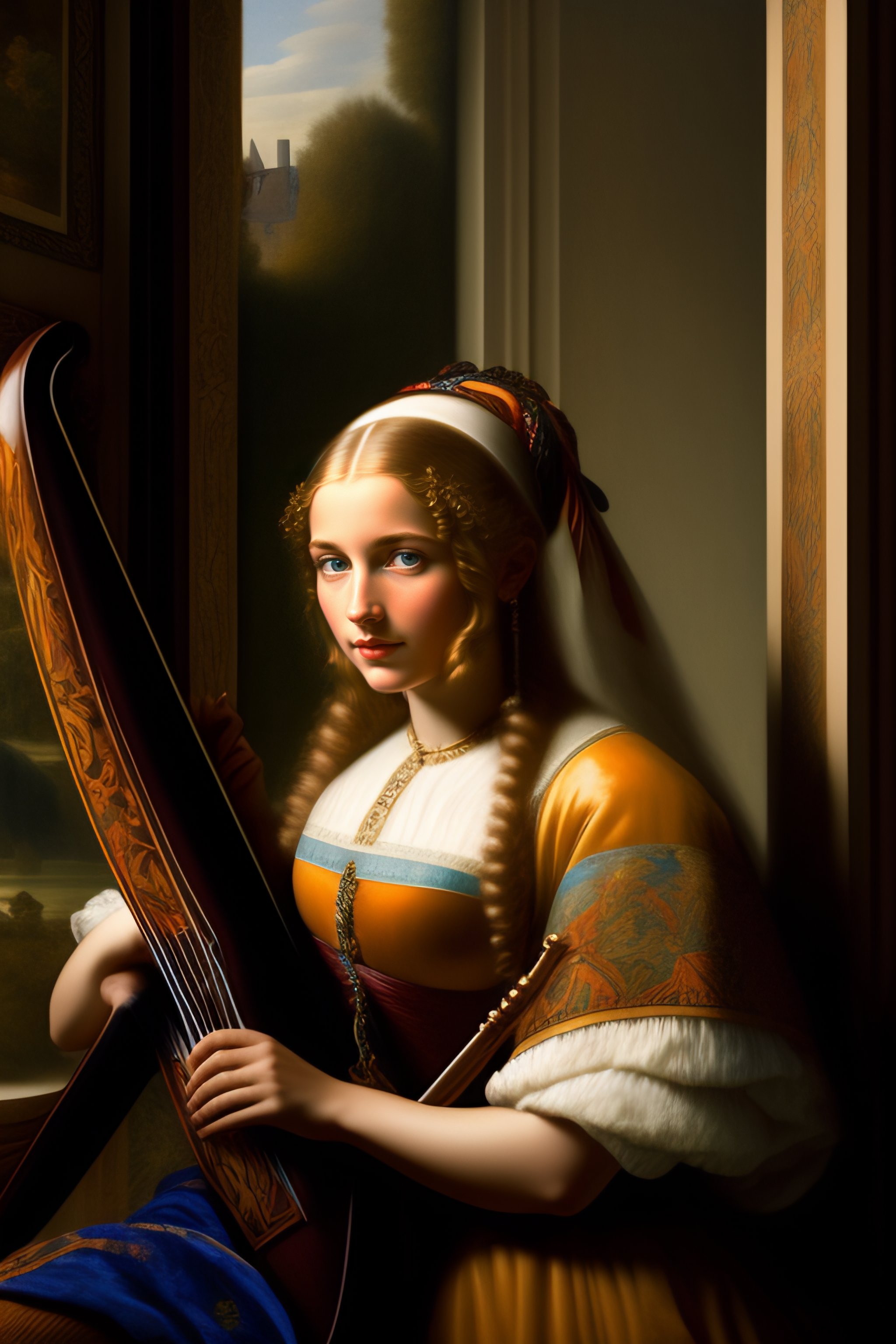 Lexica - Young lady playing lute, blond hair, window on her right ...