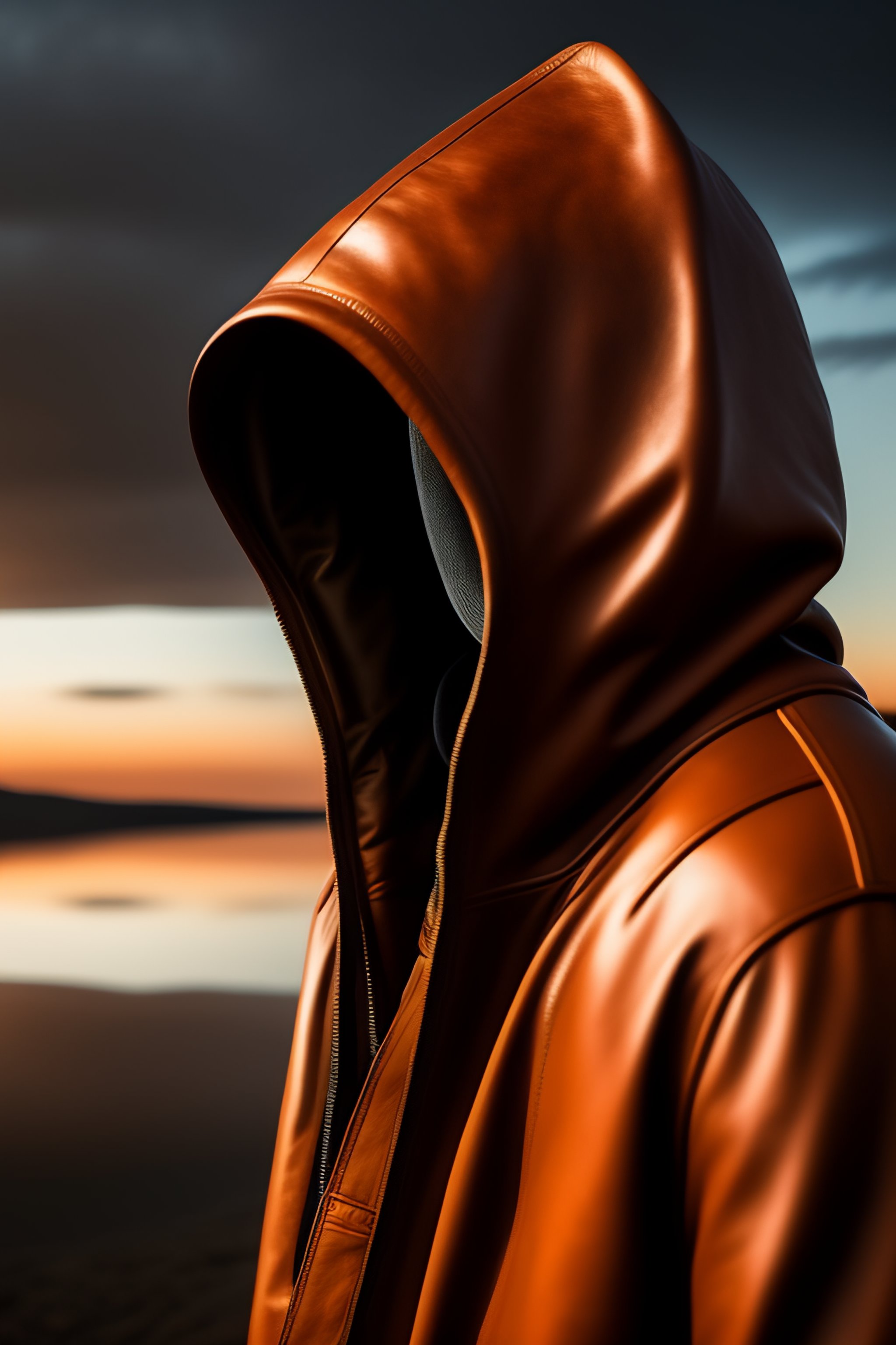 Lexica - An humanoid with a dirty old brown leather hooded jacket, a ...