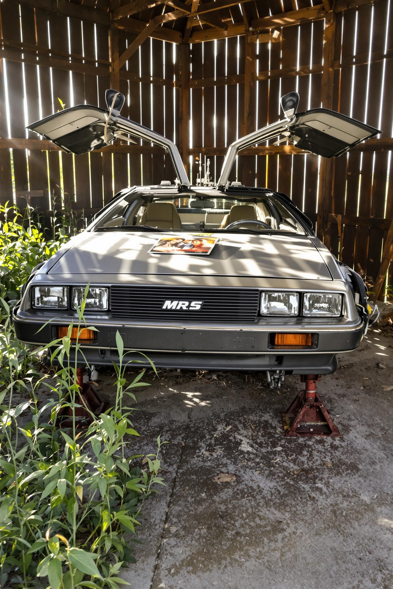 Lexica - Delorean from back to the future, up on blocks in disrepair.