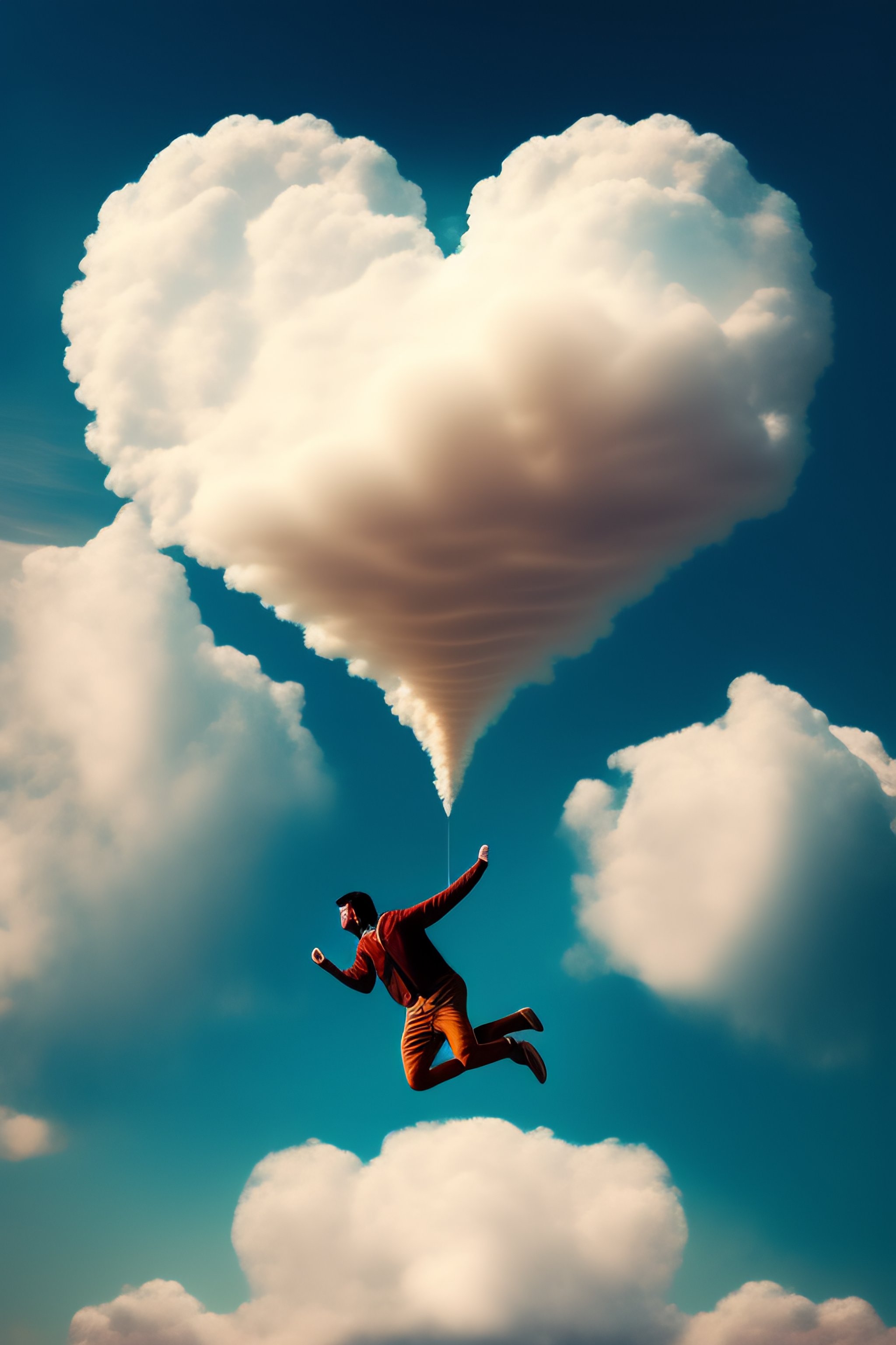 Lexica - A man flying through sky, surrounded by clouds, love, heart ...
