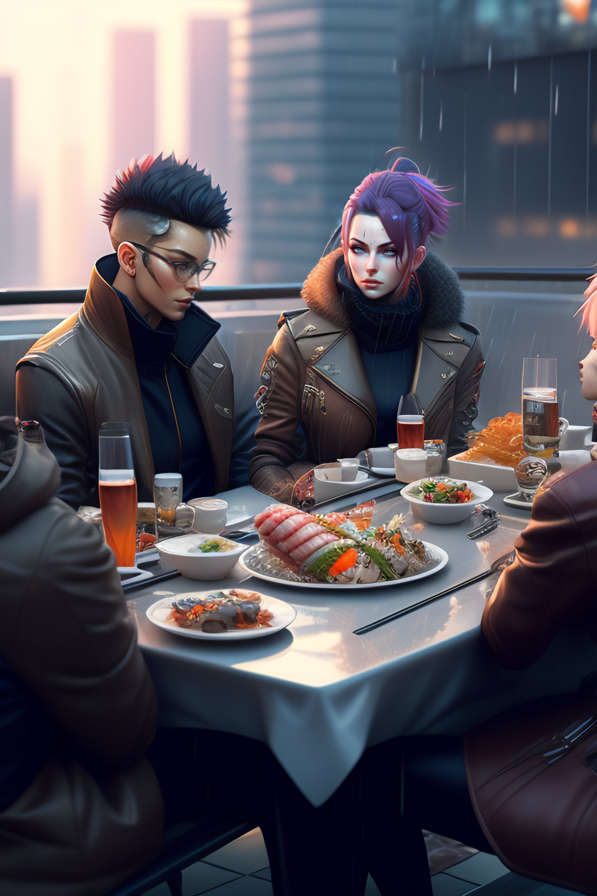 Lexica - A group of cyberpunk cyborg eating sushi on a table outside in ...