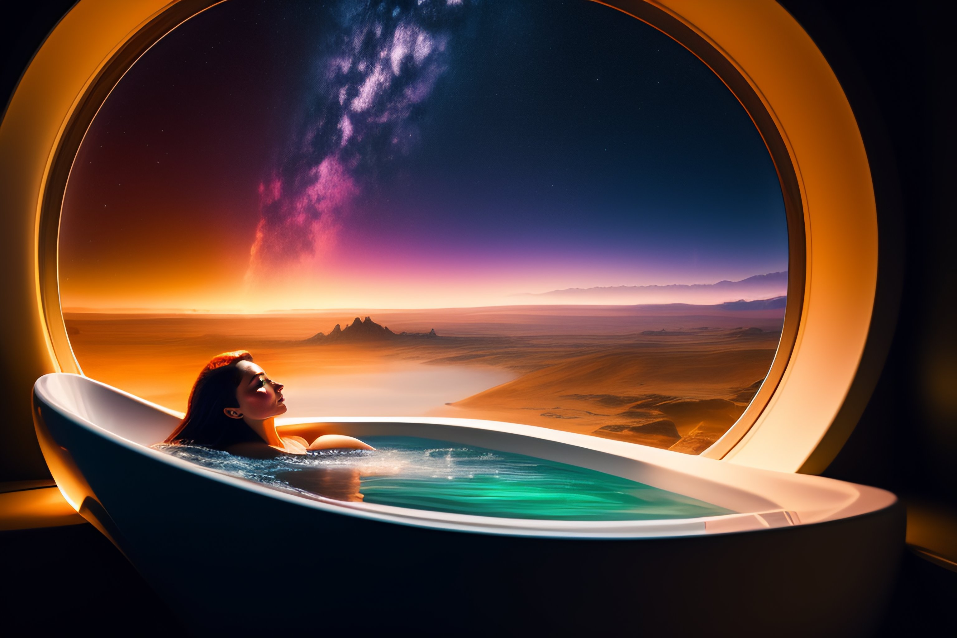 Lexica - A woman laying in a bath in a sci-fi, modern, sci-fi, steamy ...