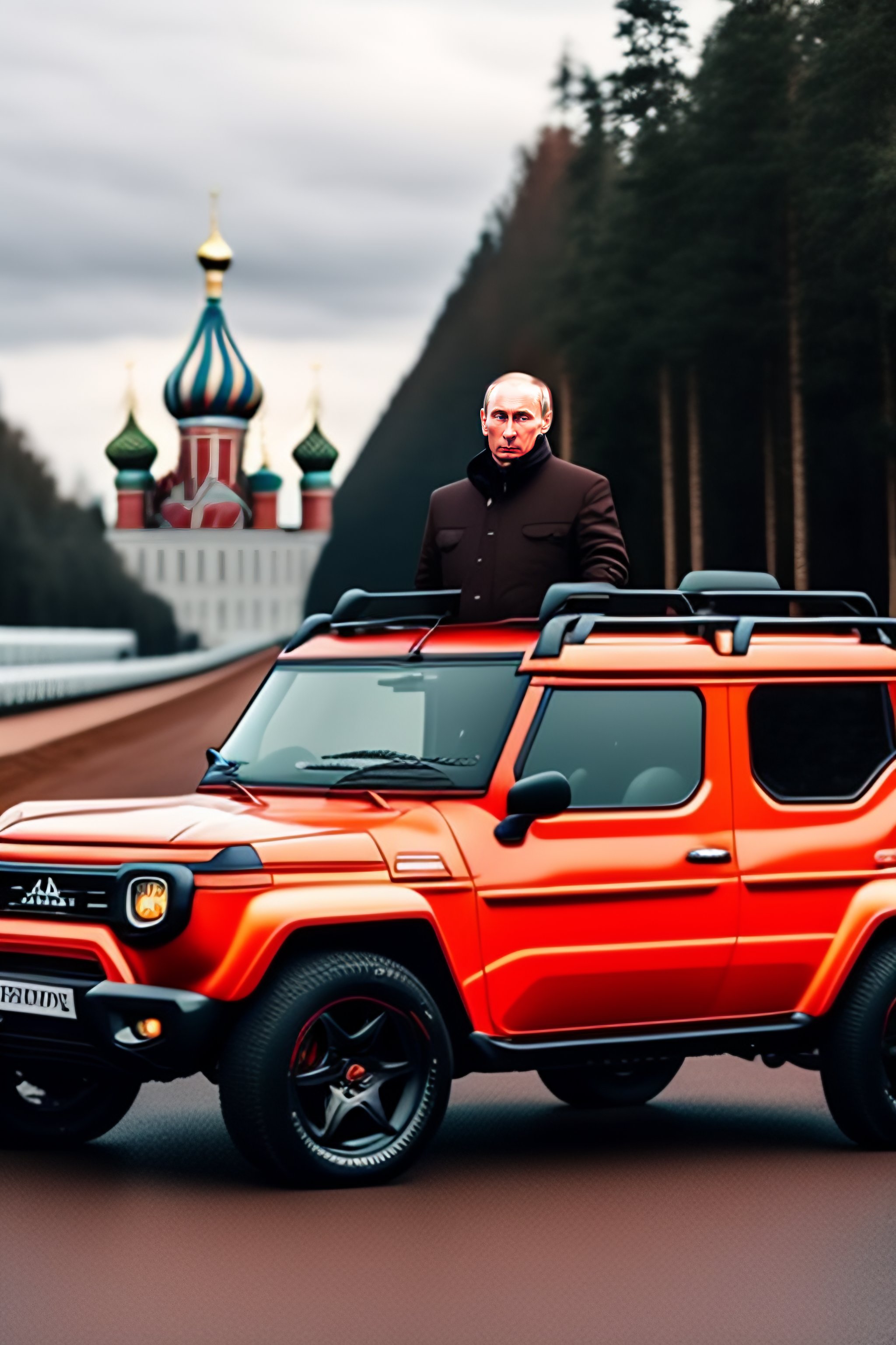 Lexica - Russian President Putin, proud,standing behind a red Lada Niva
