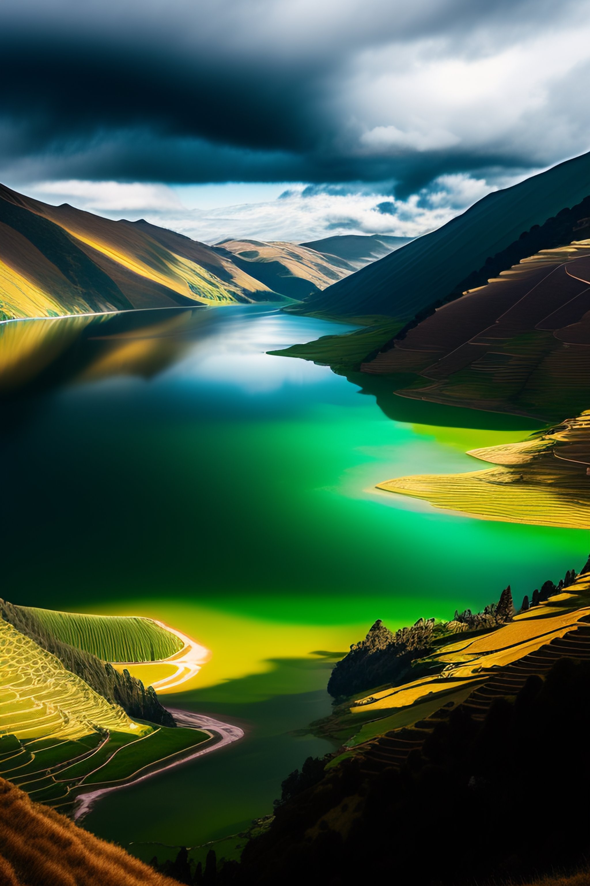 Lexica - Quilotoa Lake, landscape photo, cloudy day, HDR