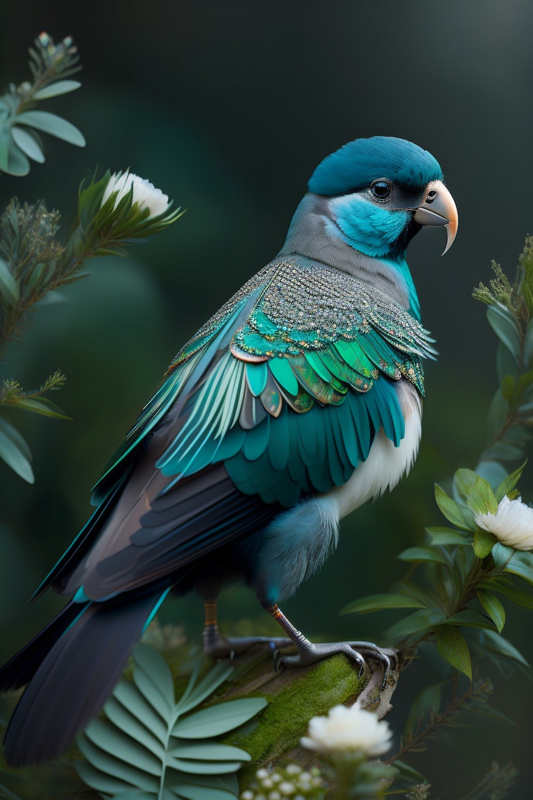 Lexica - Muted floral dusted shiny glimmering emerald teal grey bird ...