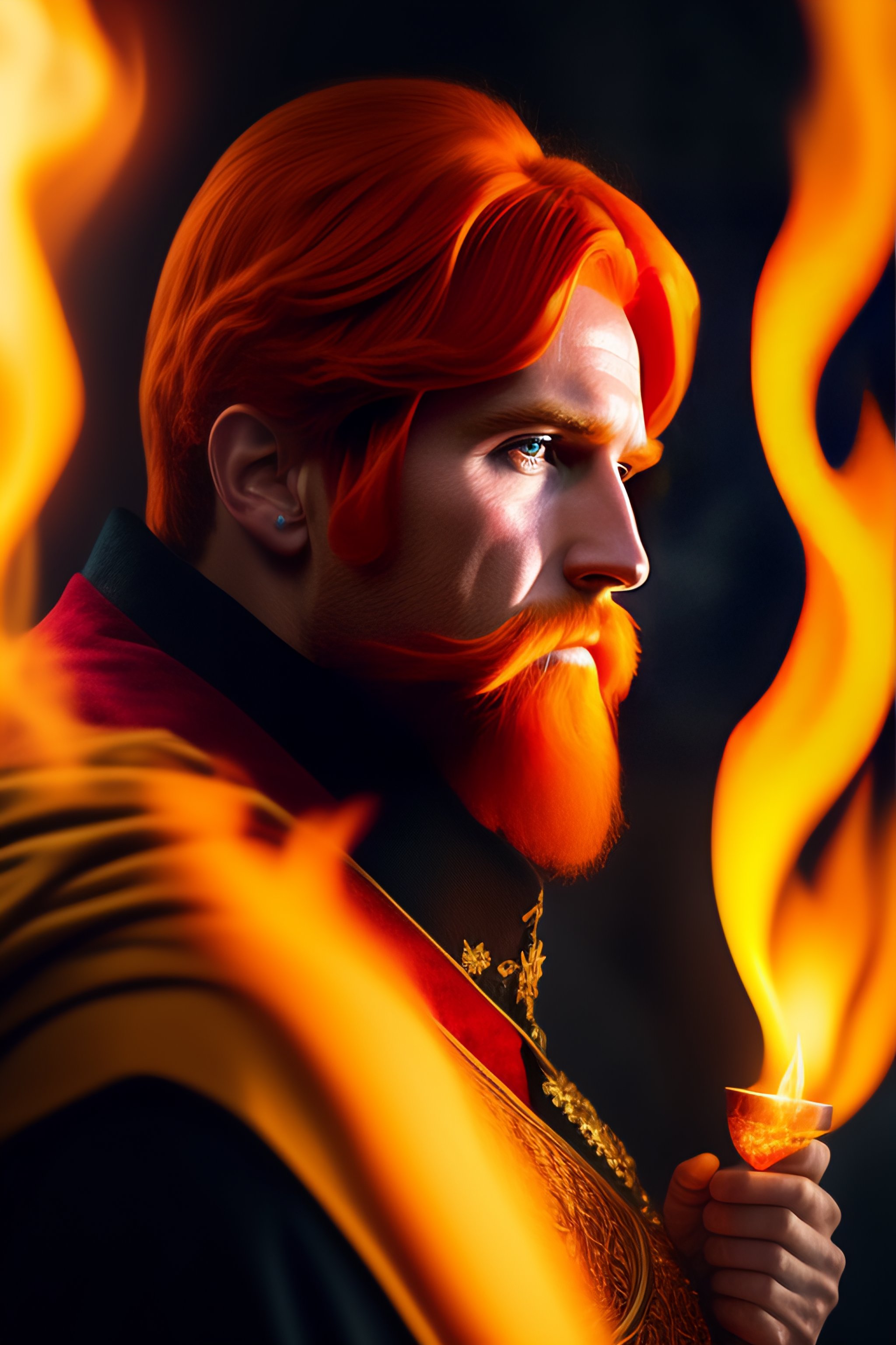 Lexica - Orange haired male sorcerer wizard casting spells fire prince noble rich