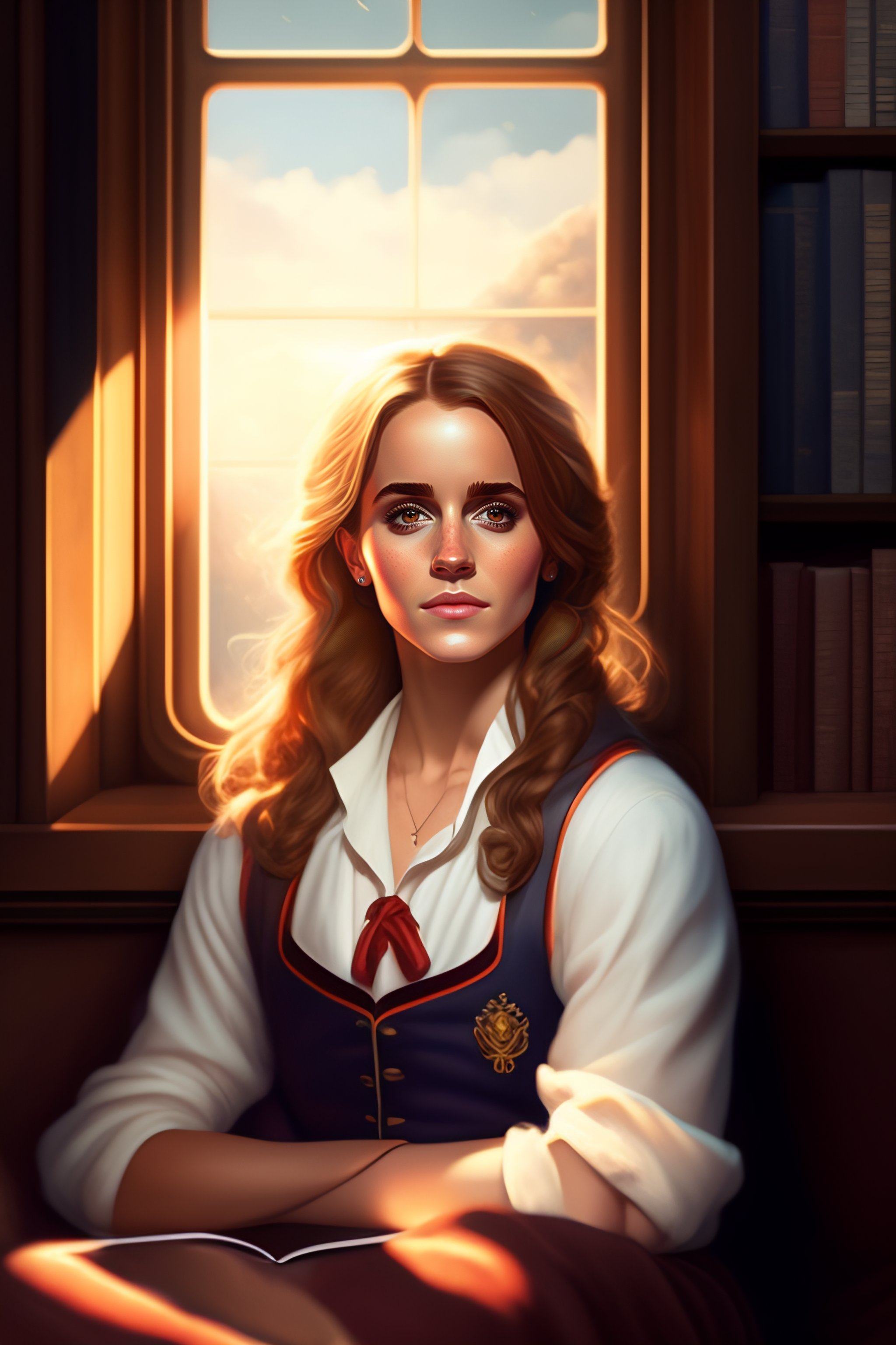 Lexica - Portrait of Emma Watson as Hermione Granger sitting next to a ...