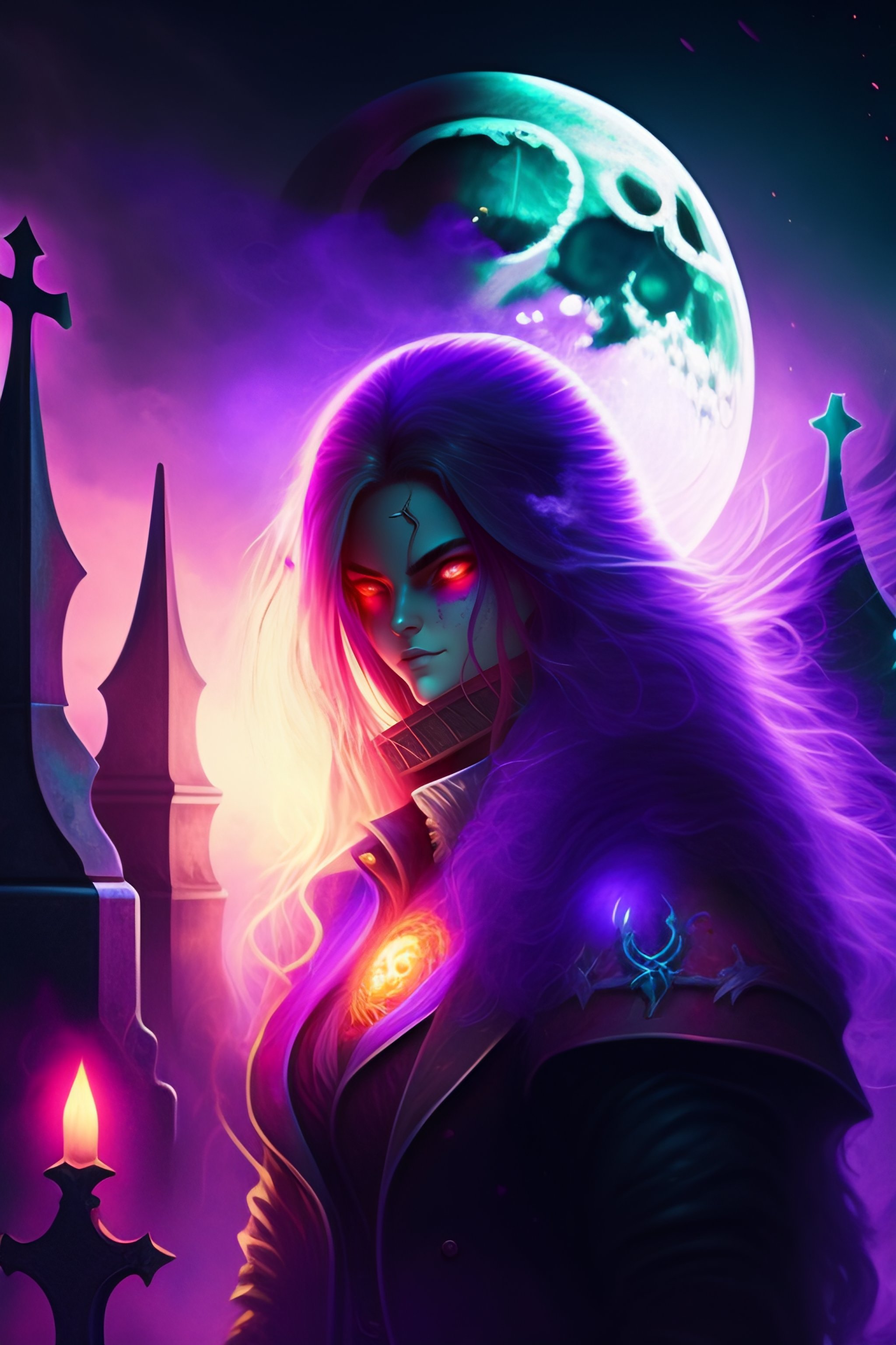 Lexica - Necromancer girl in a cemetery at midnight, glowing eyes, evil ...