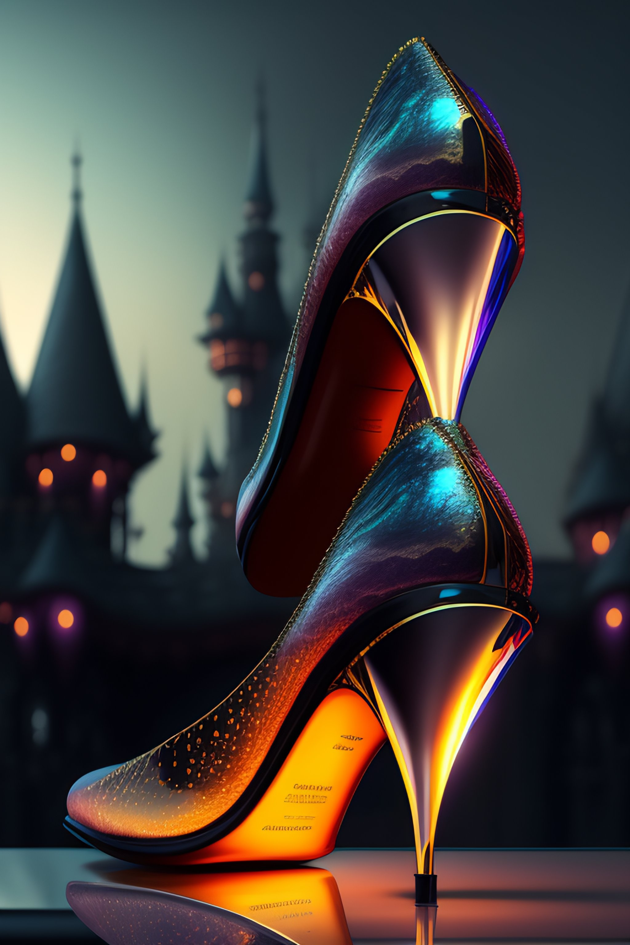 Lexica - Abstract dark fantasy transparent high heel shoe in front of a ...