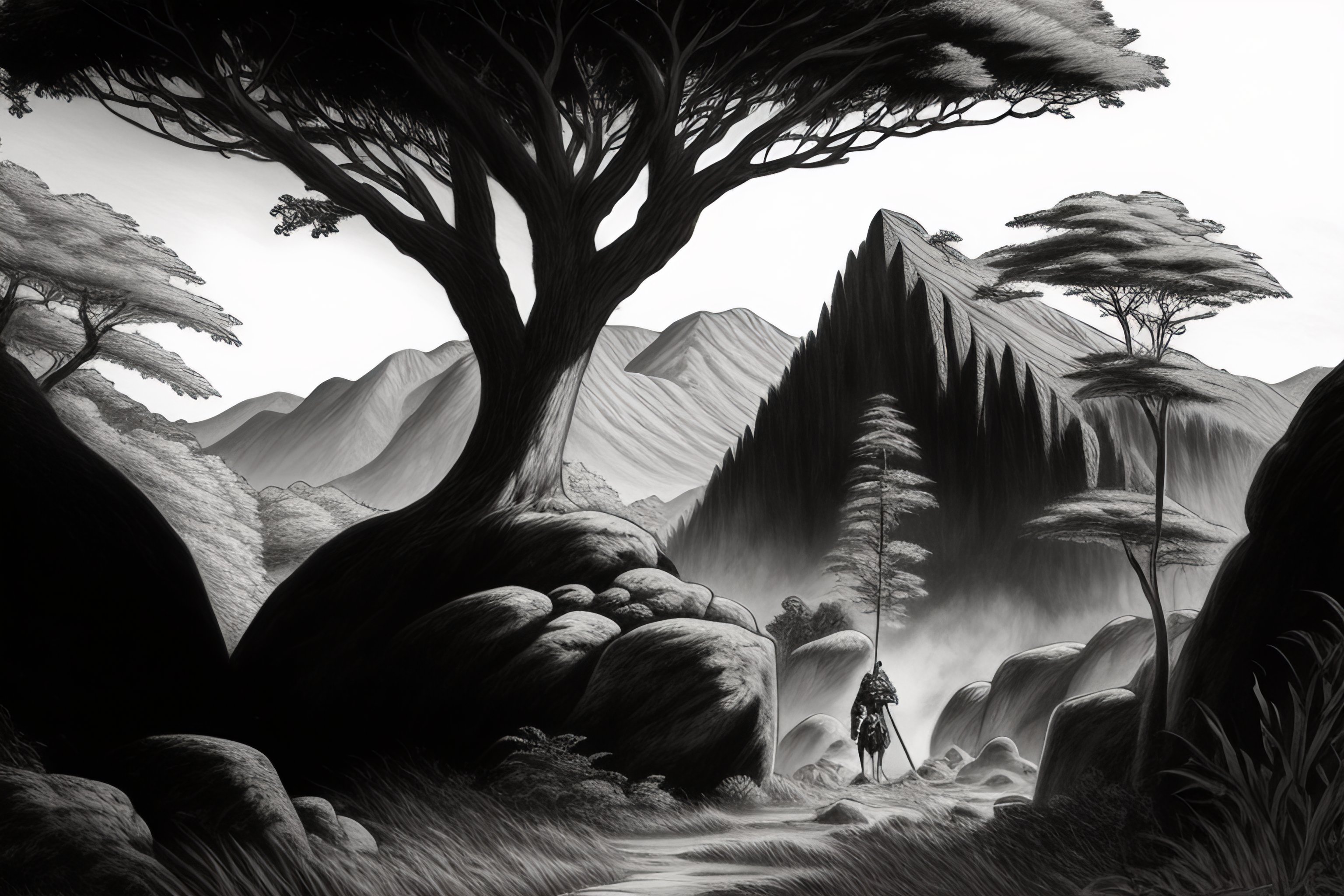 Lexica - Landscape drawing of a lean caveman with a spear standing in ...