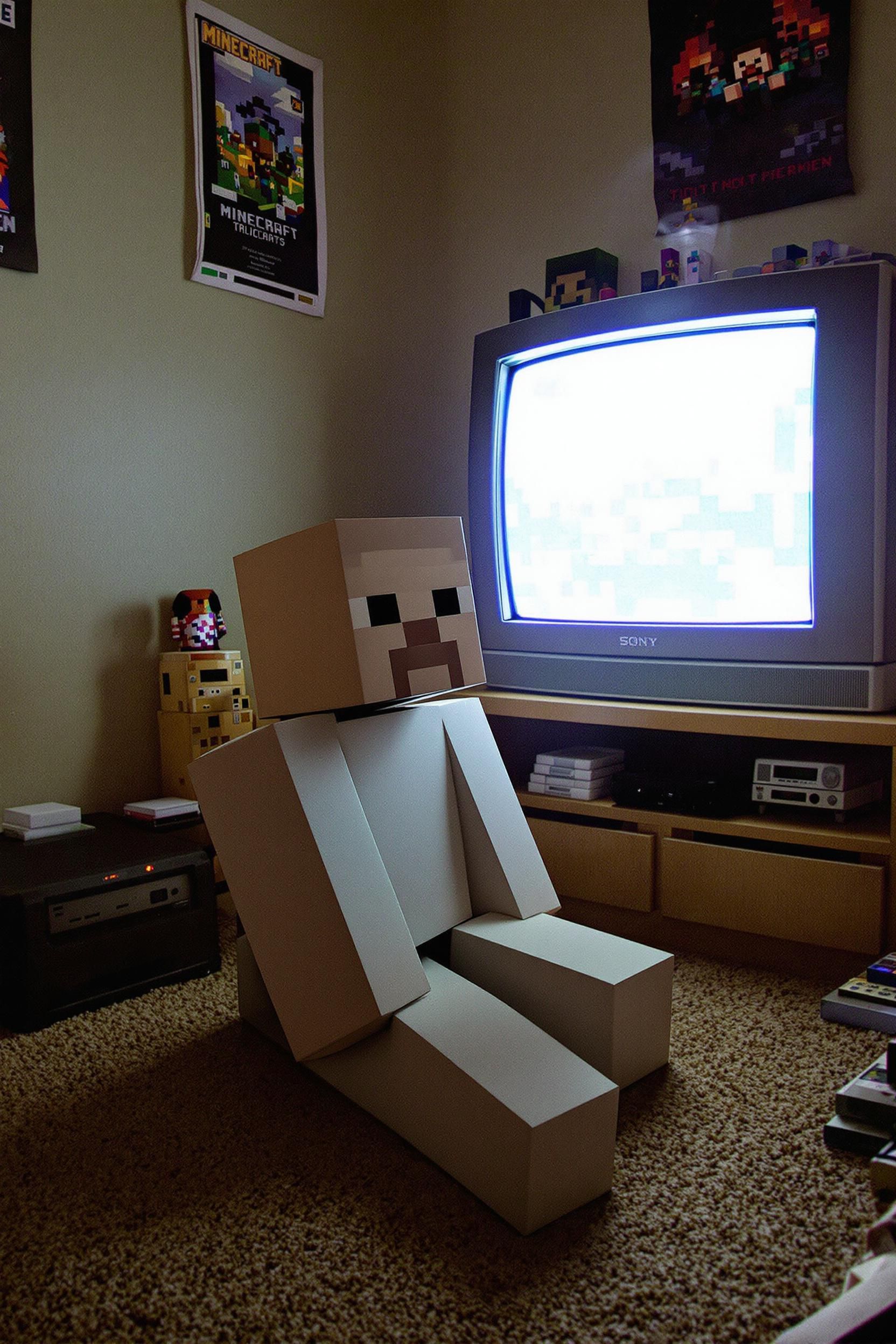 Lexica - Analog photo of blocky Steve from Minecraft playing Minecraft ...