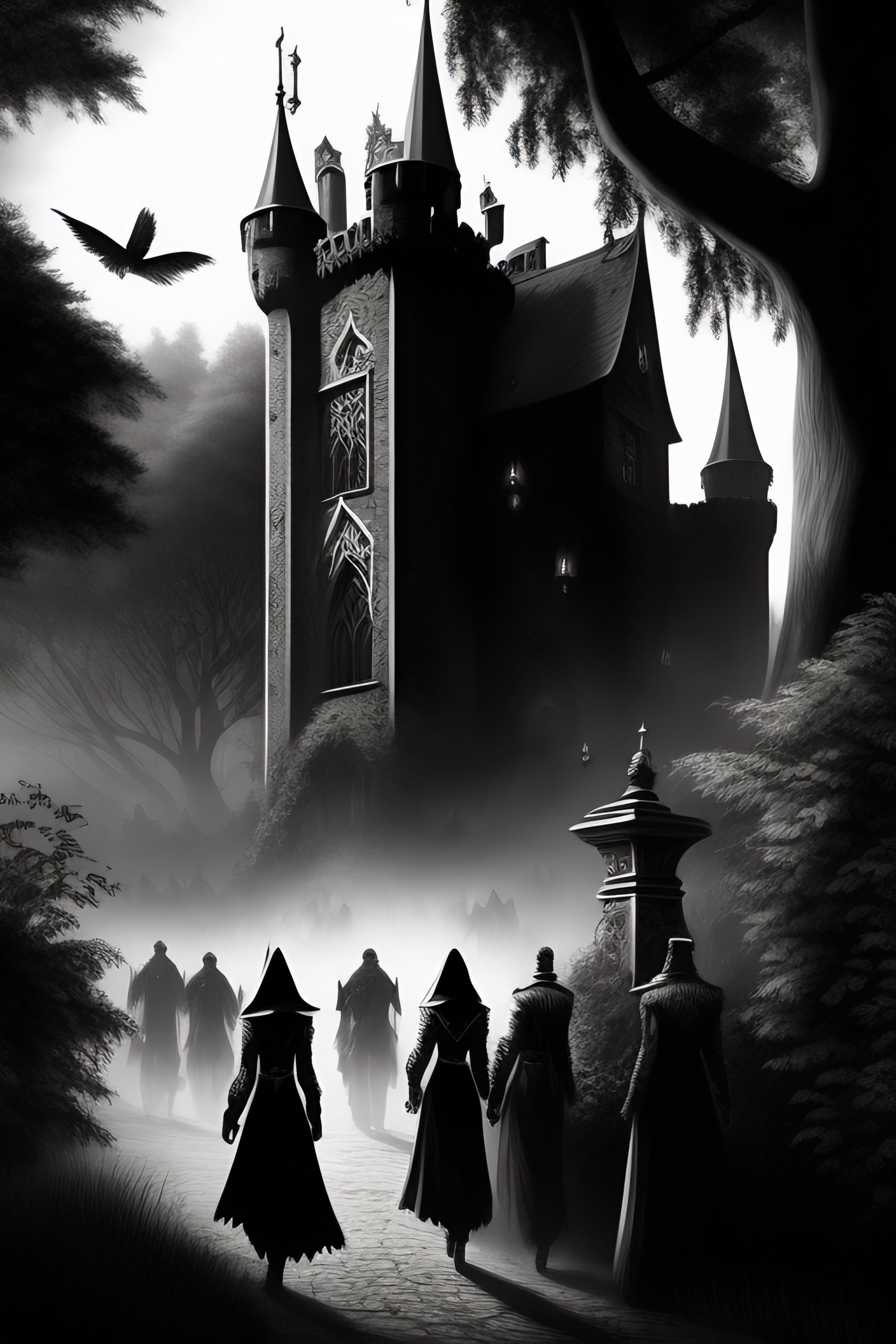 Lexica - Zombies outside of a castle, black and white, illustration ...