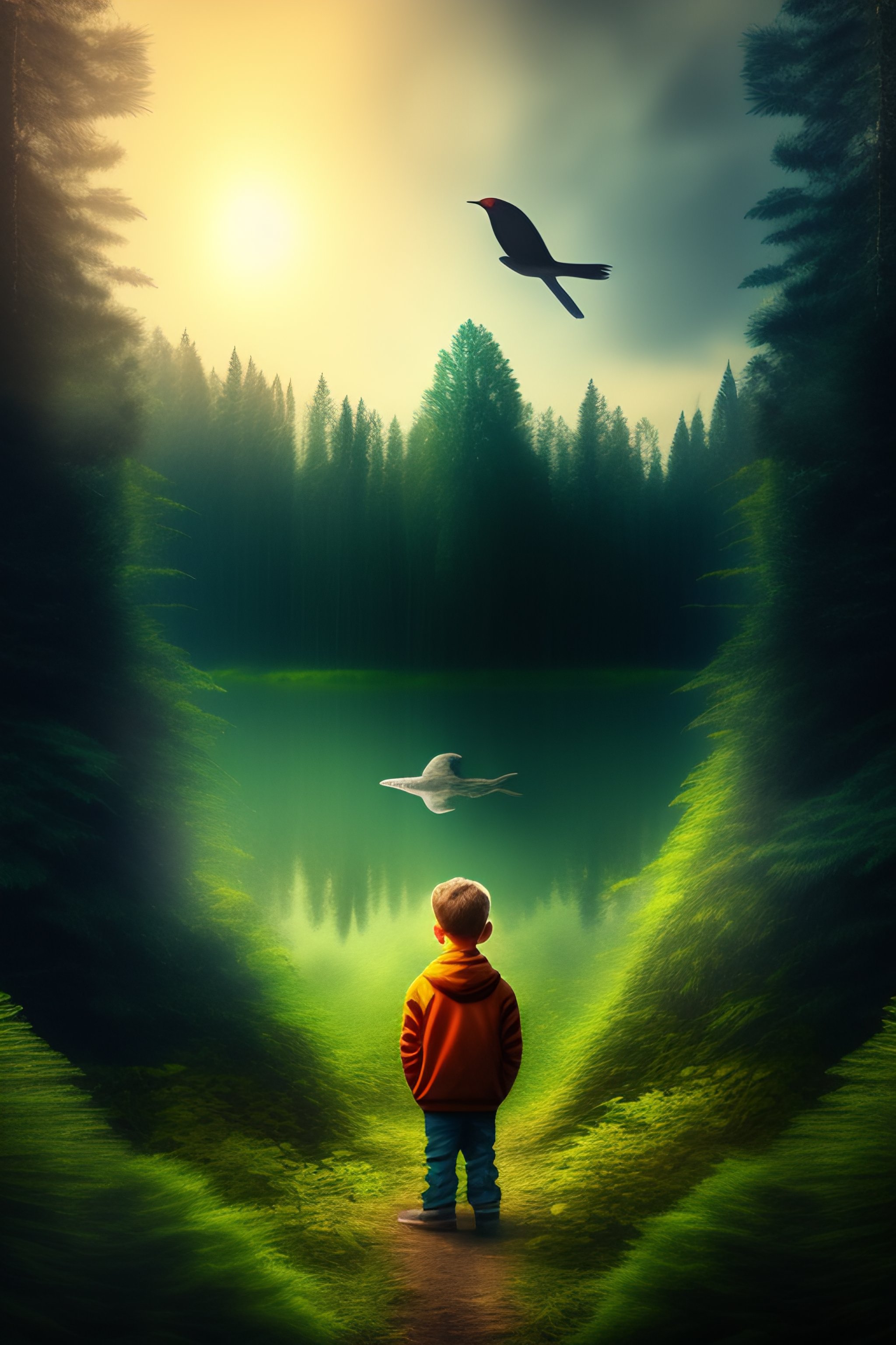 Lexica - Small man alone in the forest with bird in 3D