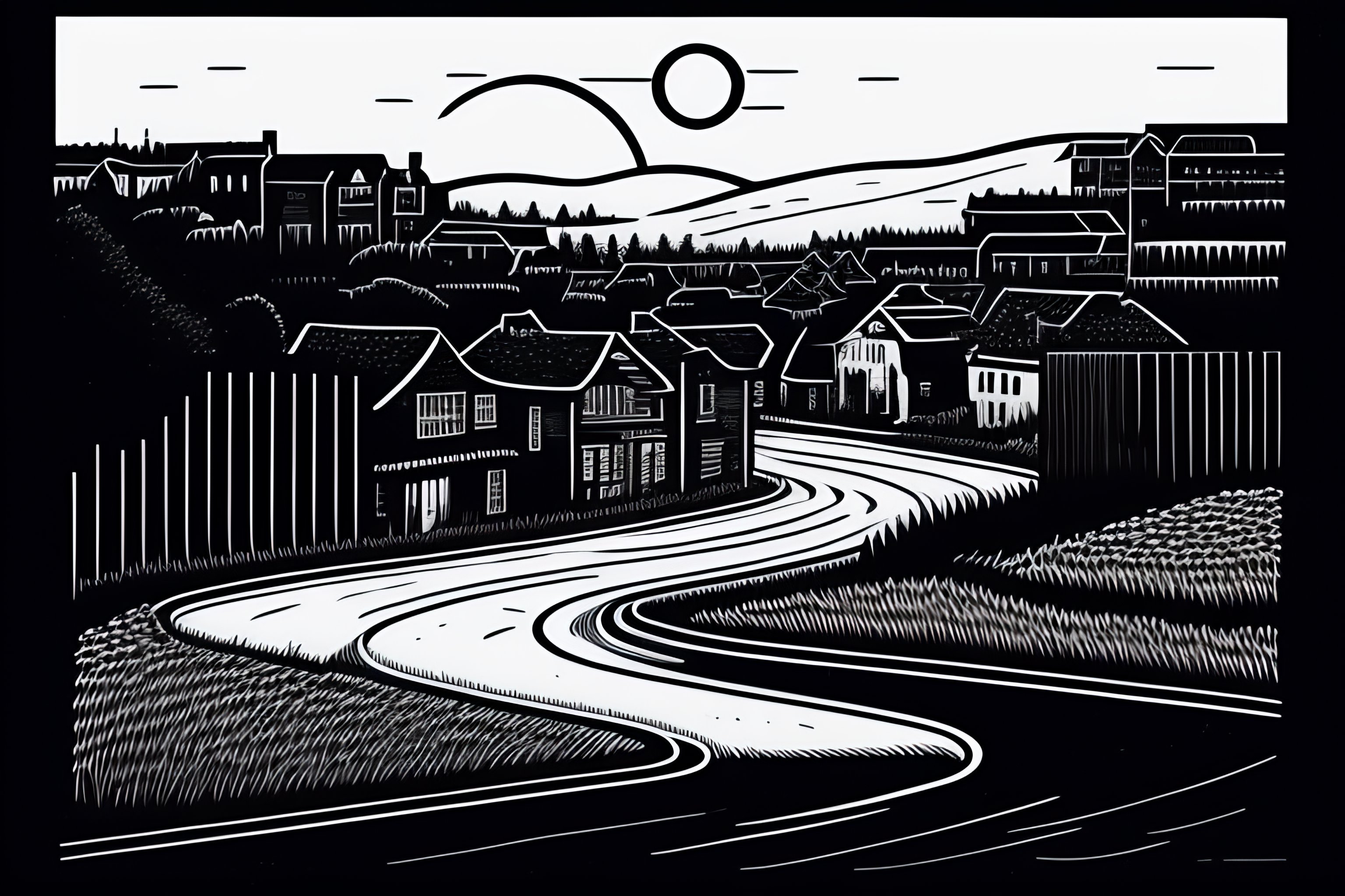 Lexica - Engraving liminal space black and white linocut landscape ...