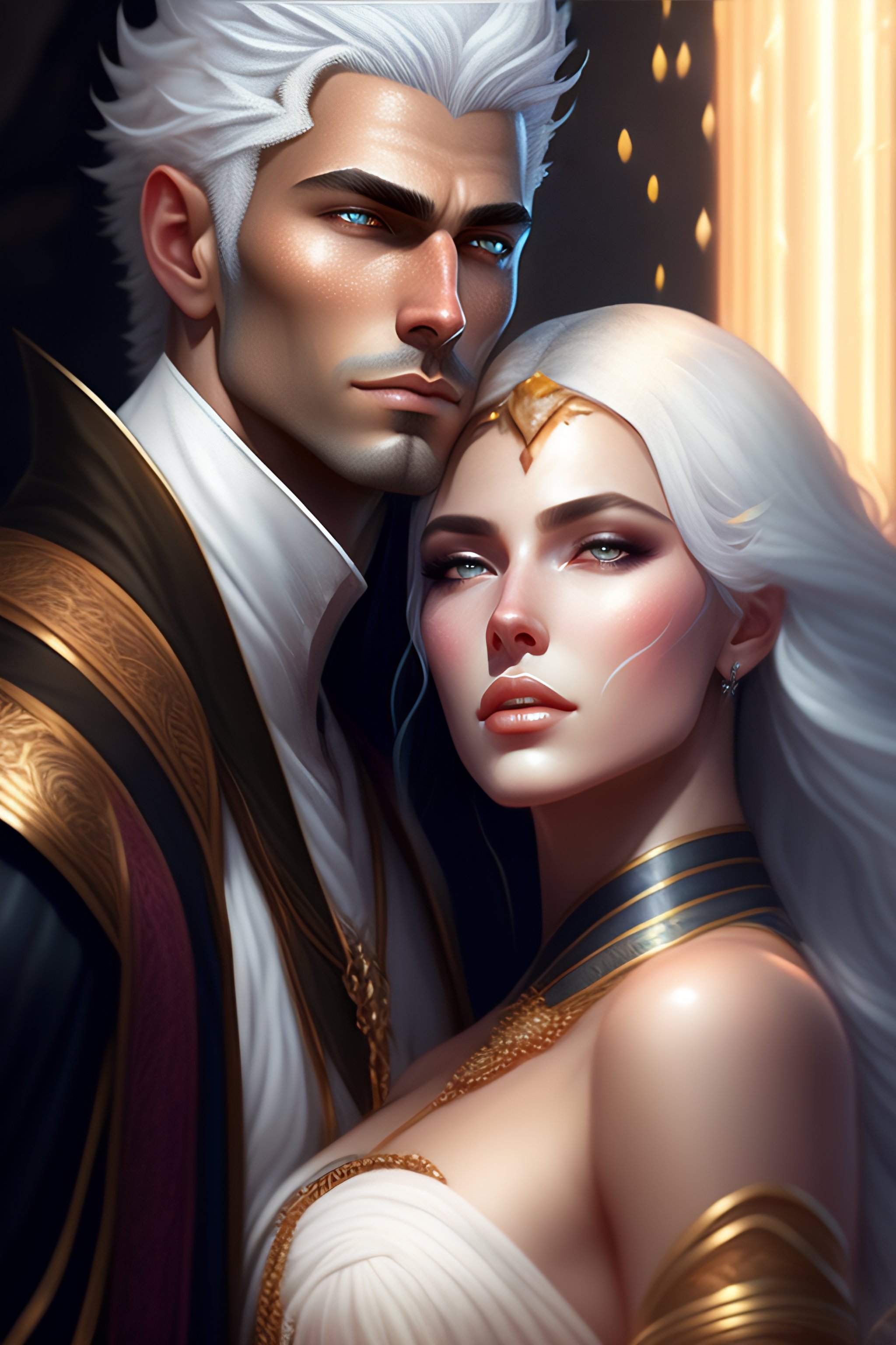 Lexica - Mage godess with white hair, mage god with black hair, pale skin, fantasy, in love ...